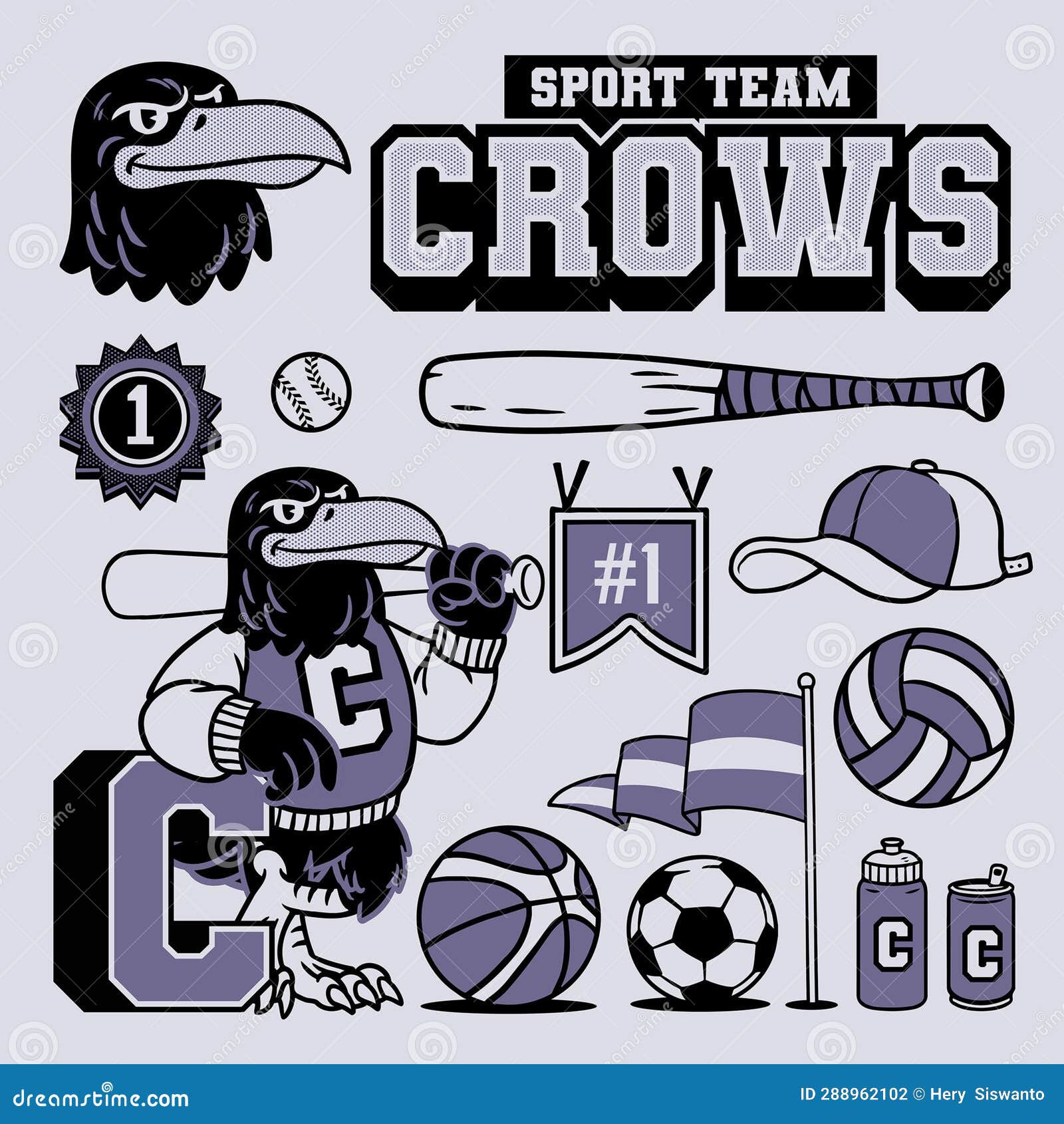 Crow Mascot and Sport Object Collection in Vintage Style Stock Vector ...