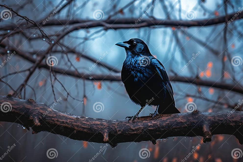 A Crow Perched on a Branch, Staring Ominously at the Camera Stock ...