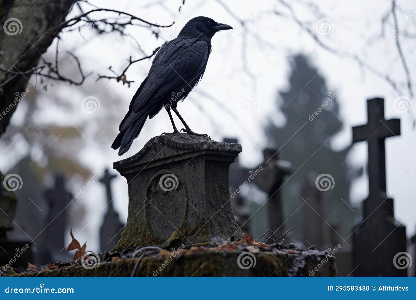 A Crow Perched on a Tombstone in an Abandoned Graveyard Stock ...