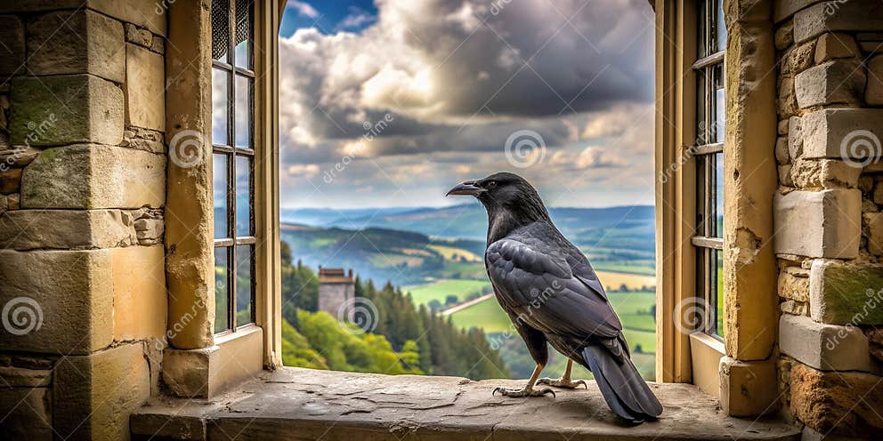 Crow Perched in a Window and a Medieval Landscape in the Background AI ...