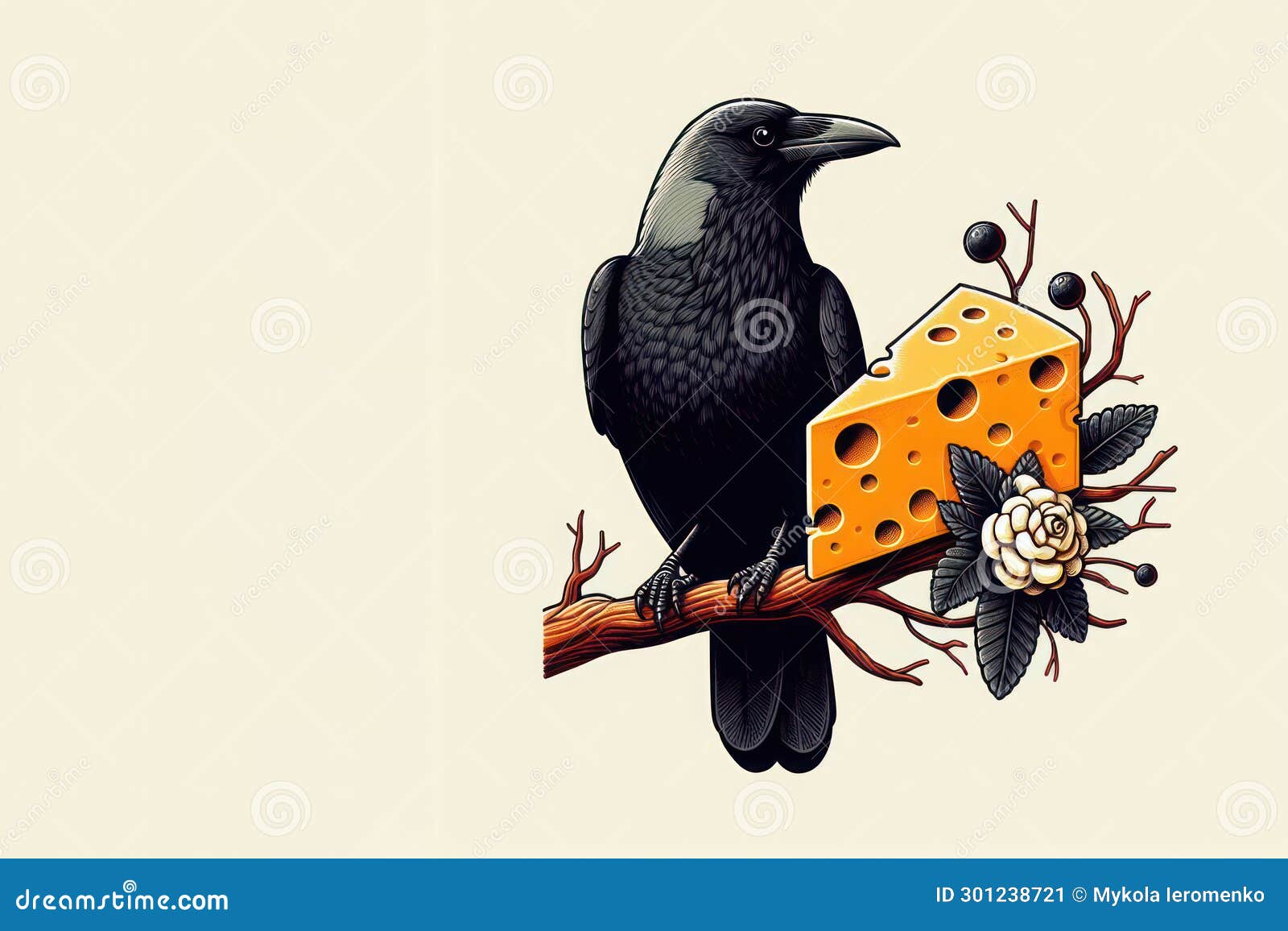 A Crow Sits with Cheese on a Branch. Place for Text. Stock Illustration ...