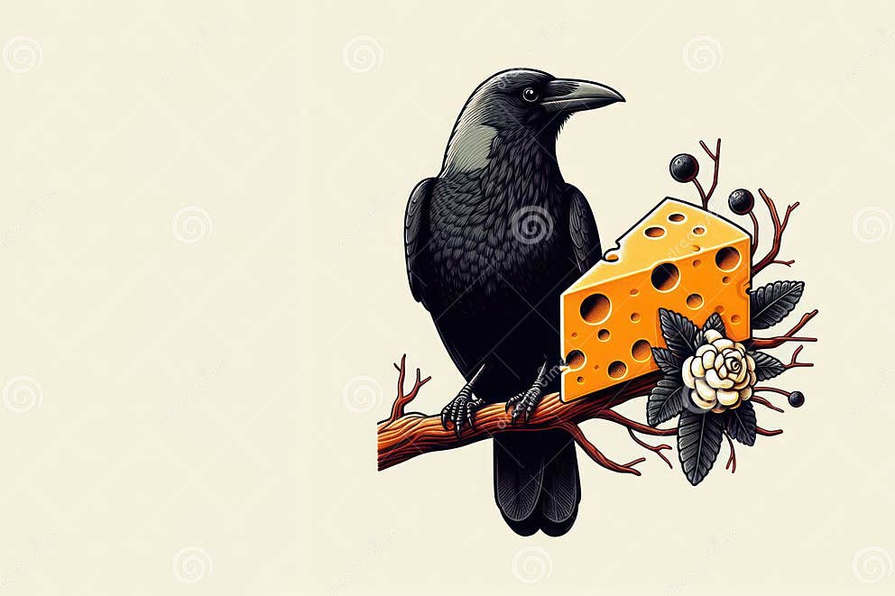 A Crow Sits with Cheese on a Branch. Place for Text. Stock Illustration ...