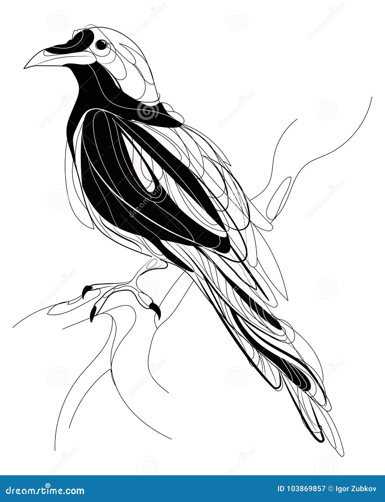 A Crow Sitting on a Branch. Stylized Magpie on a Tree. Black and White ...