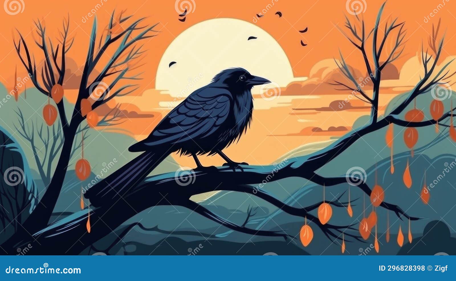 Crow Sitting on a Tree Branch at Sunset Stock Illustration ...