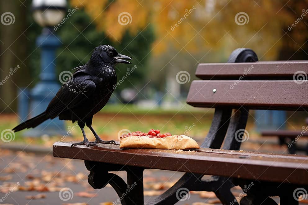 A Crow Snatching a Piece of Bread from a Park Bench Stock Photo - Image ...