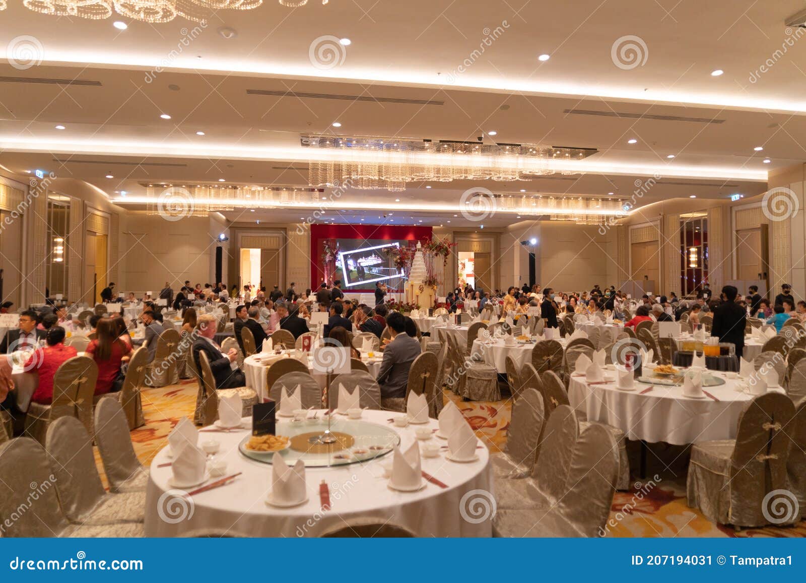Crowd of Asian People in Wedding Ceremony with Stage in Convention Hall ...