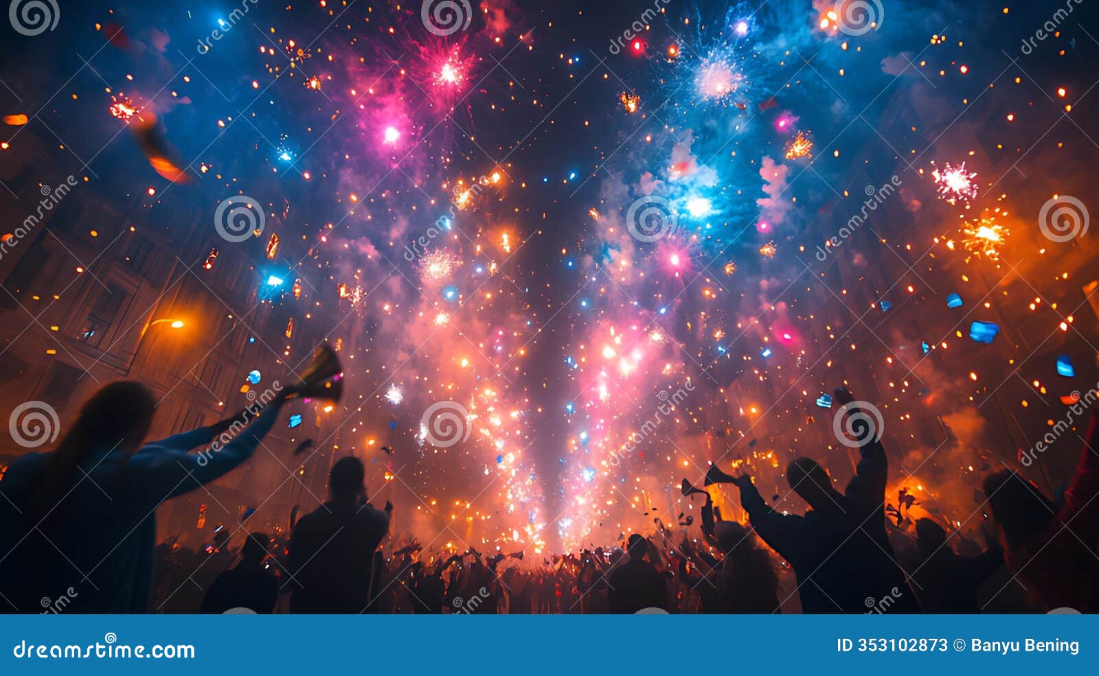 Crowd Cheering during a Vibrant Fireworks Display at Night Stock ...