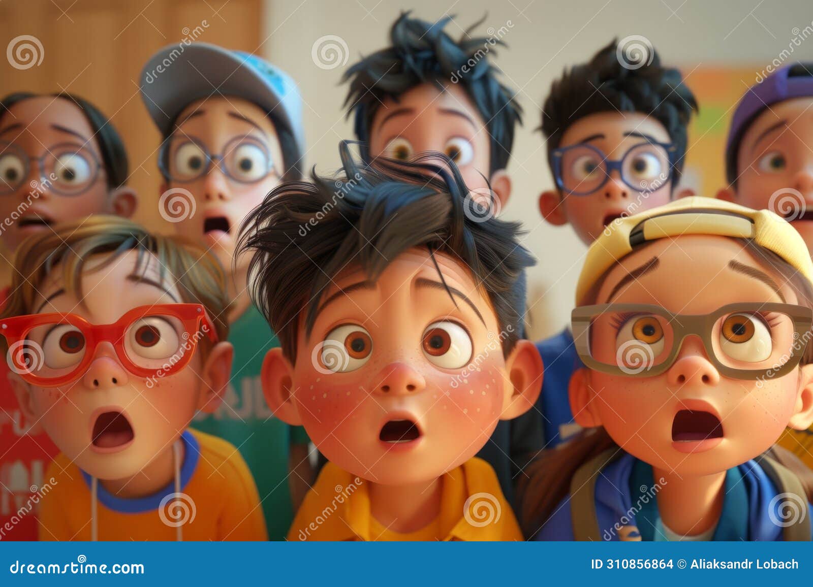 A Crowd of Children with Frightened Expressions on Their Faces. 3d ...