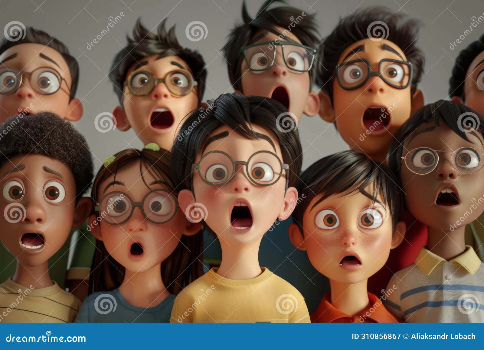 A Crowd of Children with Frightened Expressions on Their Faces. 3d ...