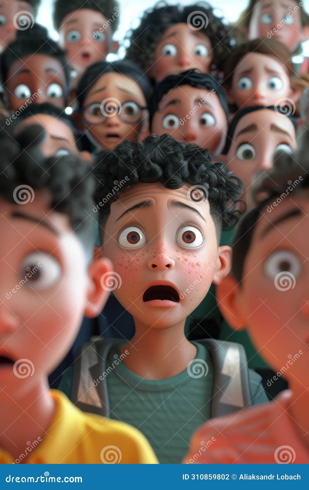 A Crowd of Children with Frightened Expressions on Their Faces. 3d ...