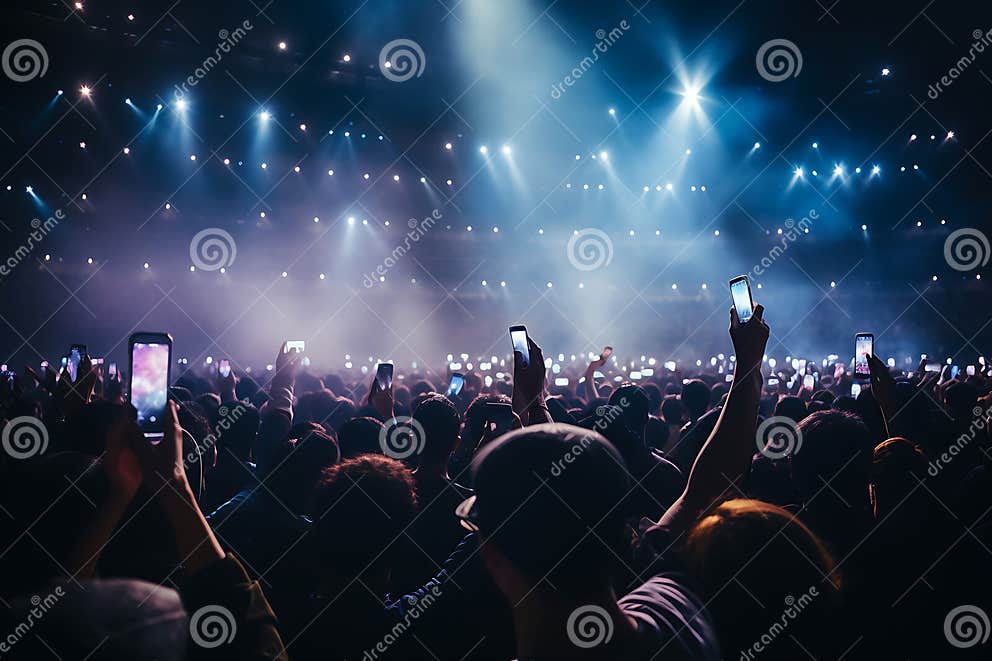 Crowd at a Concert in Front of a Bright Stage with Lights and Smoke ...