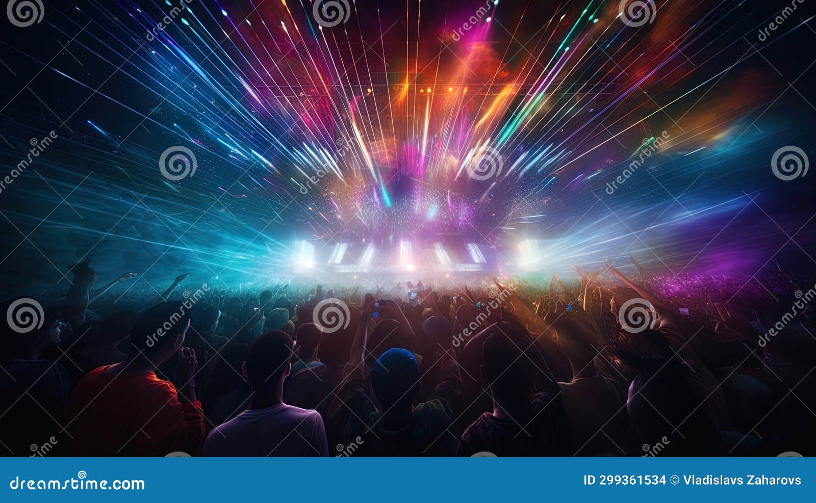 A Crowd at a Concert, Illuminated by Multicolor Stage Lights that ...