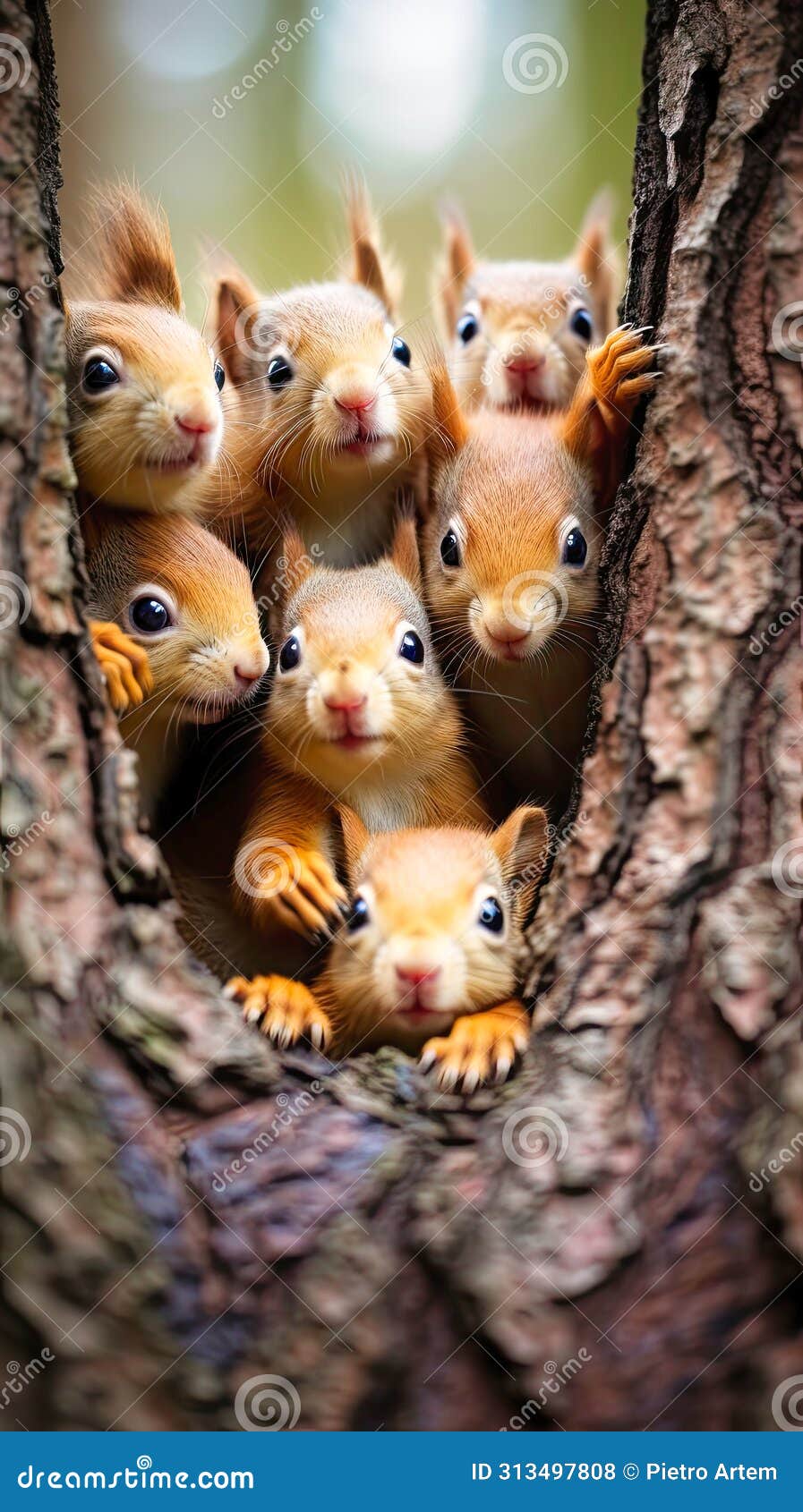 Crowd of Curious Red Squirrels Gathered on a Tree Branch in a Lush ...