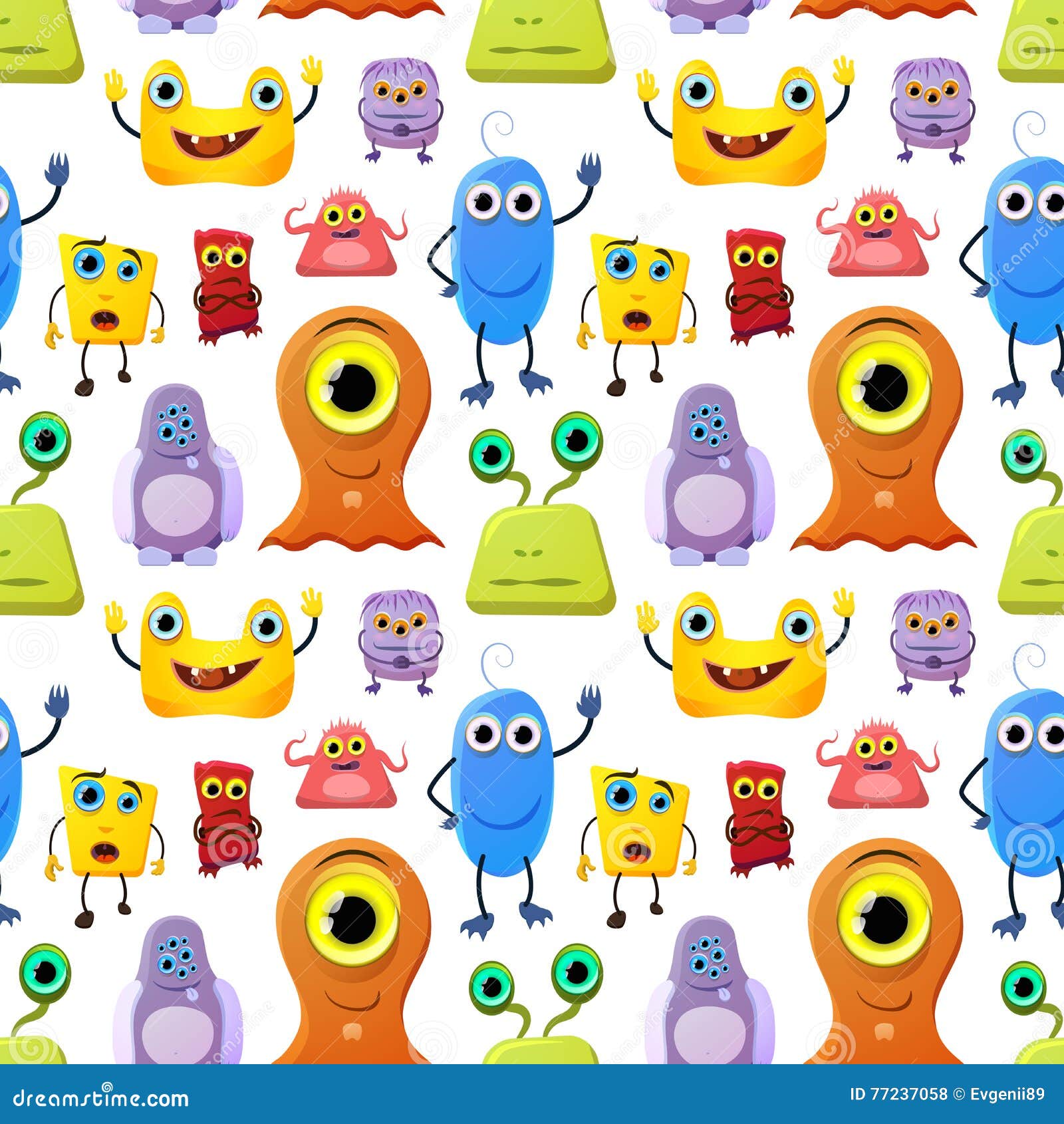 Crowd of Cute Monsters Different Colours on White Background, Seamless ...