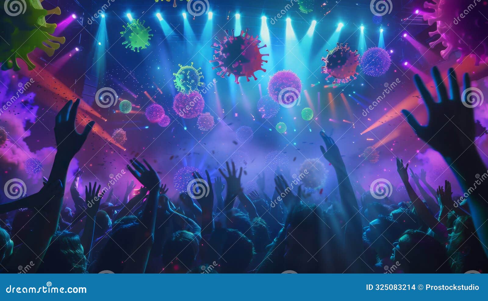 Crowd Dancing with Virus Particles Stock Photo - Image of night, hand ...