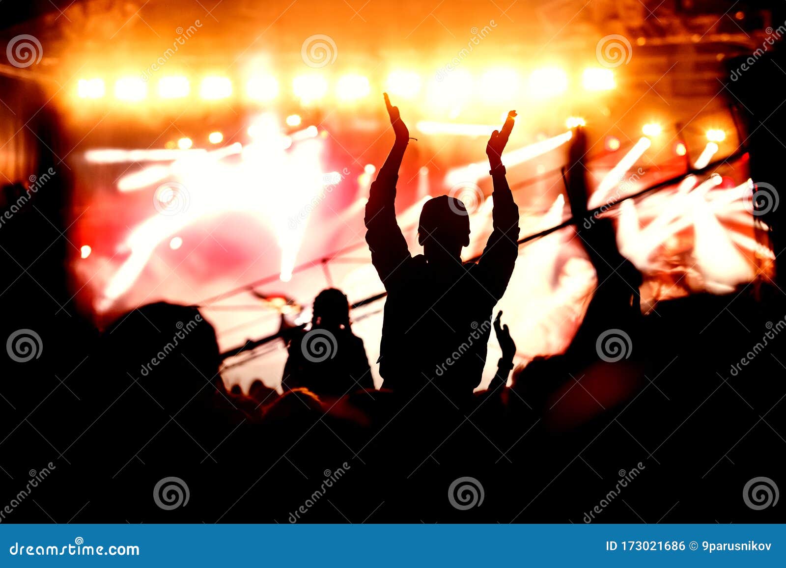 The Crowd Enjoys a Music Show. Black Silhouette Stock Photo - Image of ...