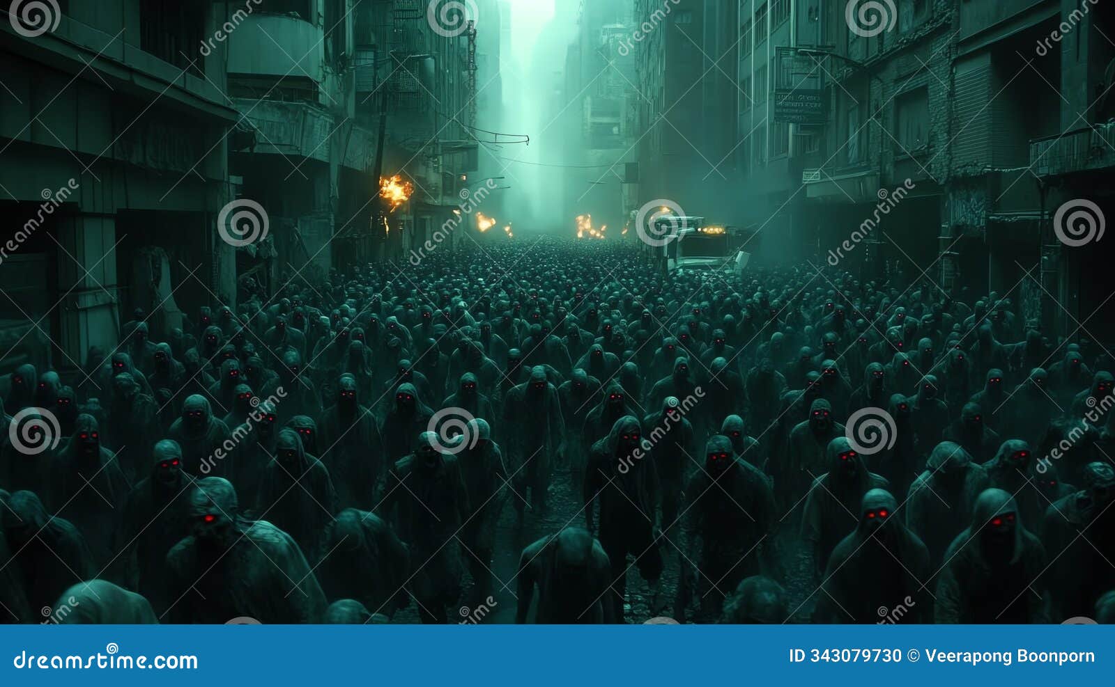 Crowd of Faceless Figures in a Dystopian Urban Landscape Stock ...