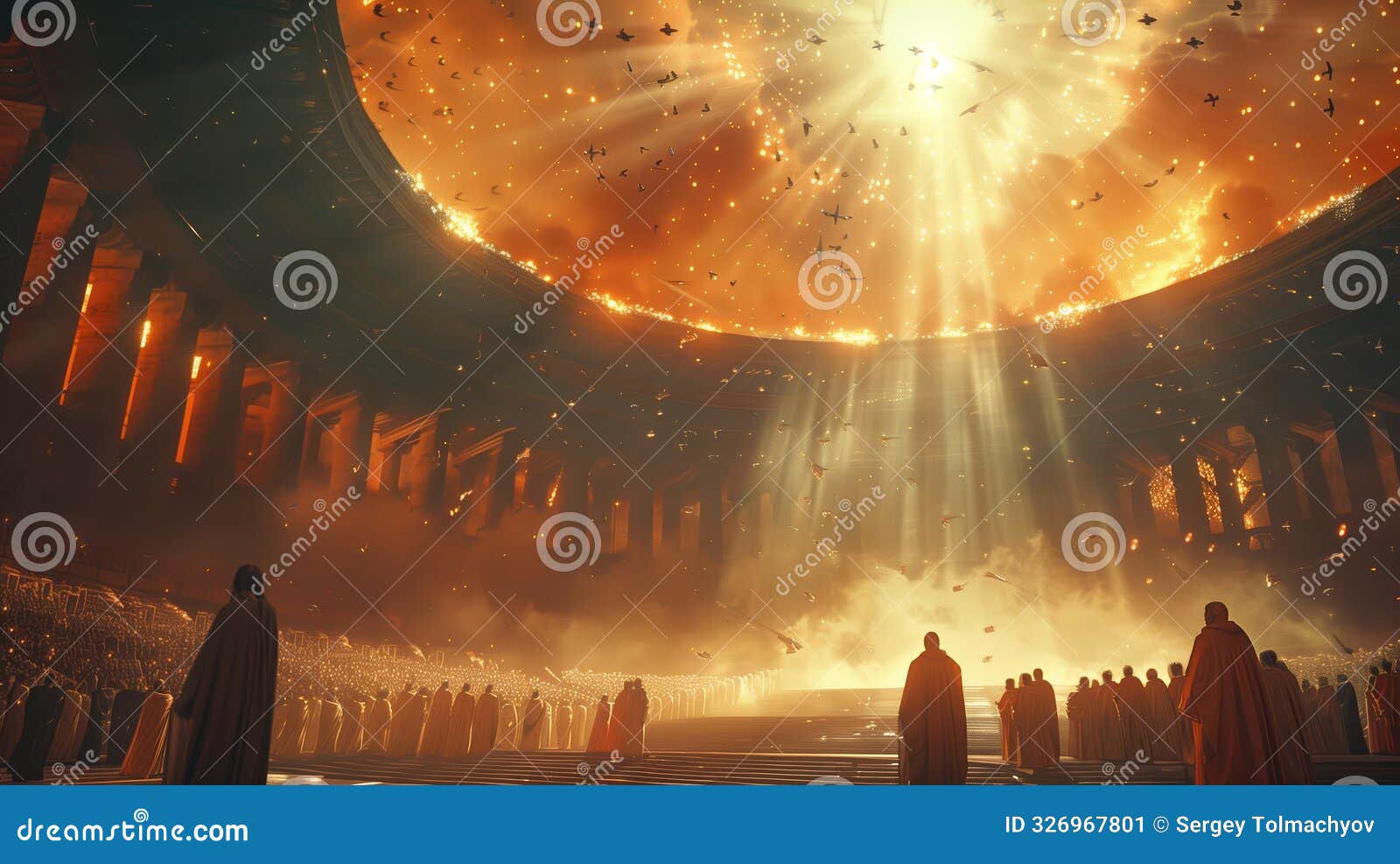 A Crowd of Figures Stands before a Glowing, Burning Circular Structure ...