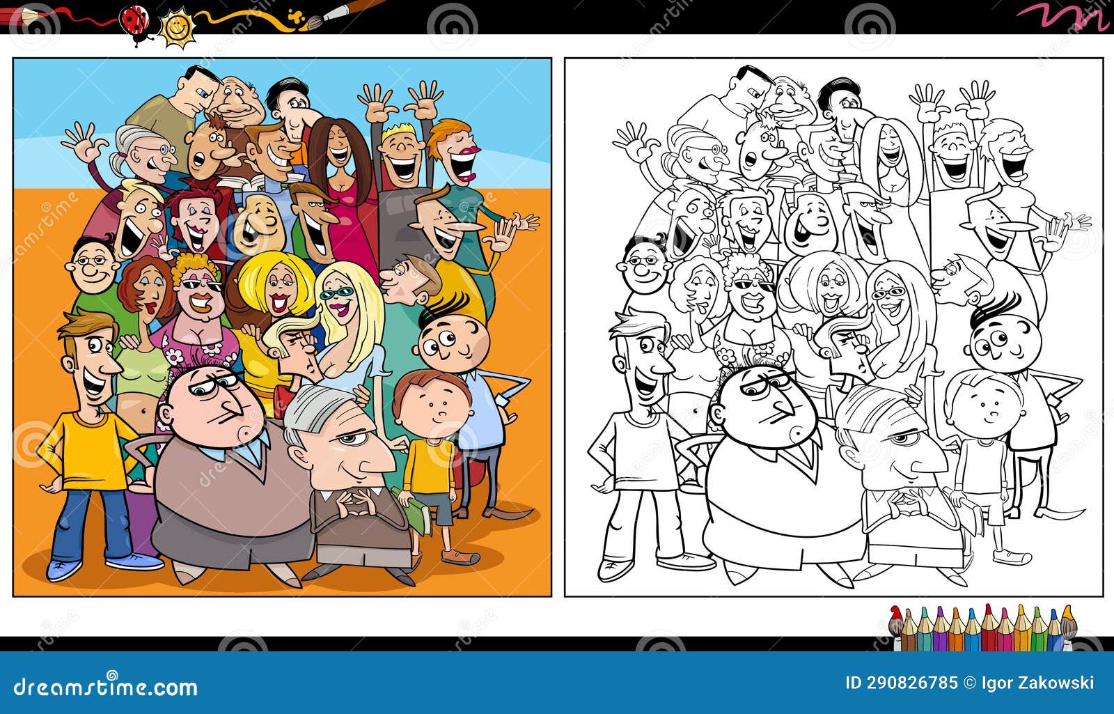 Crowd of Funny Comic People Characters Group Coloring Page Stock Vector ...
