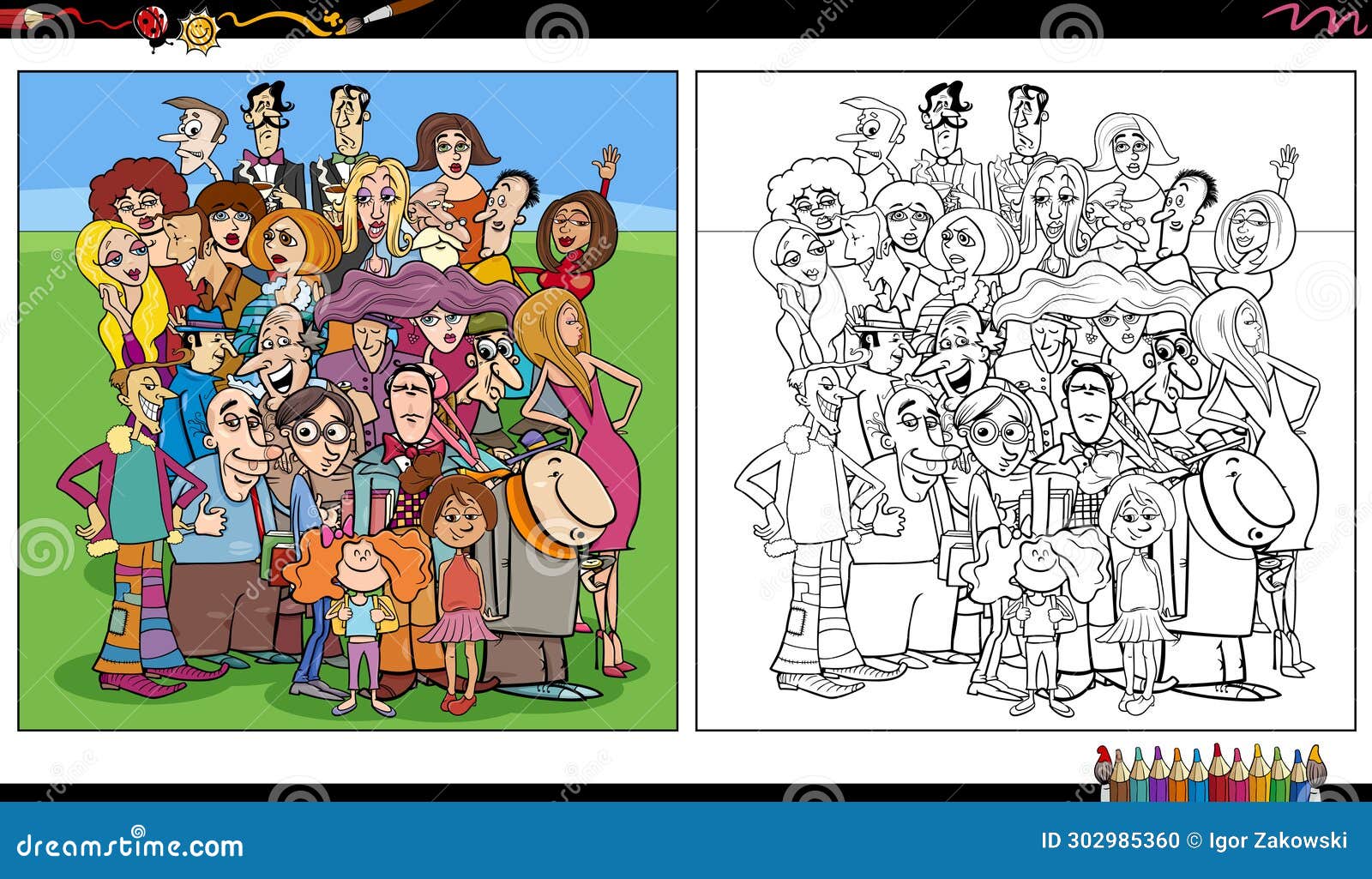 Crowd of Funny Comic People Characters Group Coloring Page Stock Vector ...