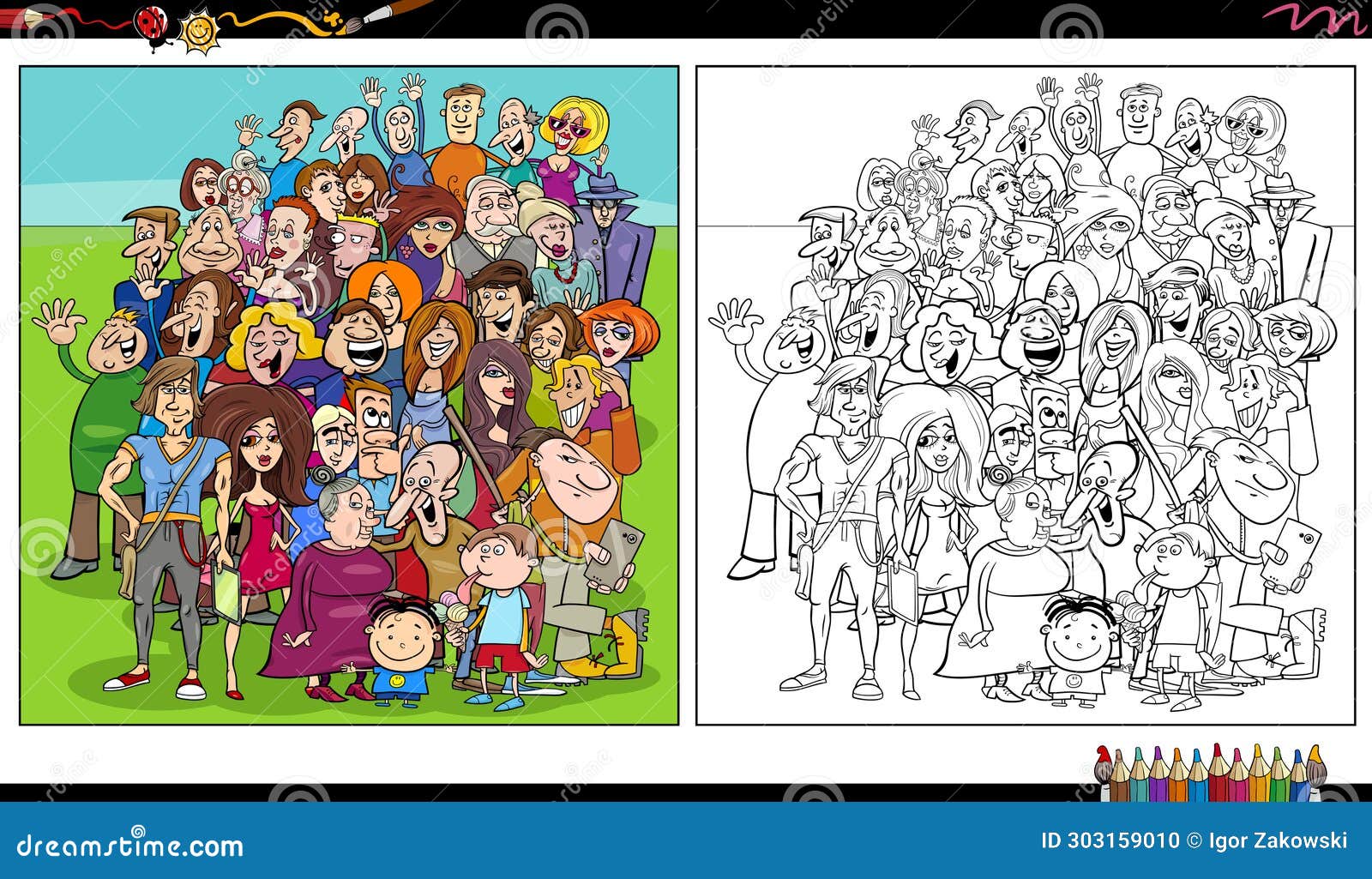 Crowd of Funny Comic People Characters Group Coloring Page Stock Vector ...