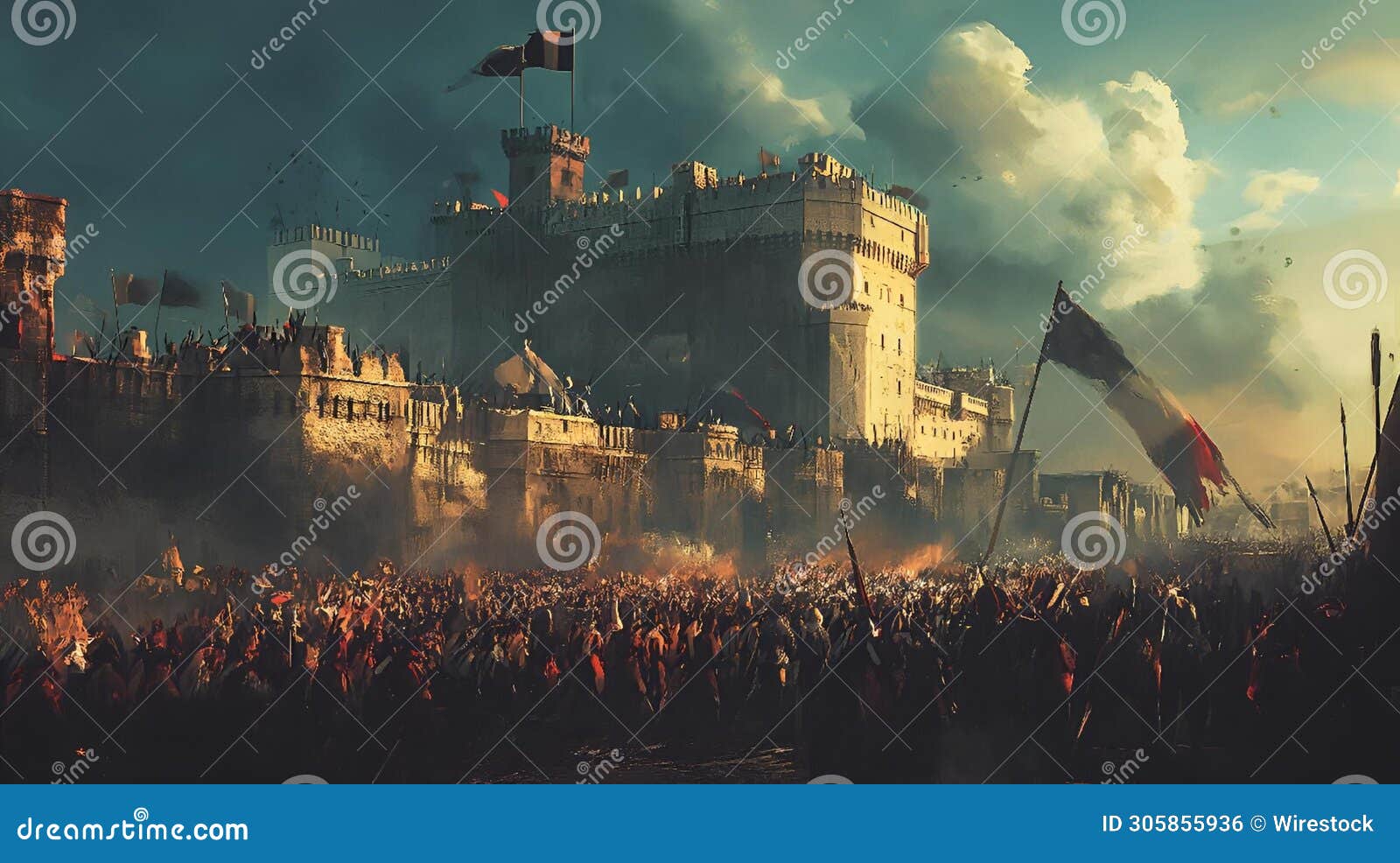 Crowd Gathered in Front of an Ancient Castle Painting, AI-generated ...