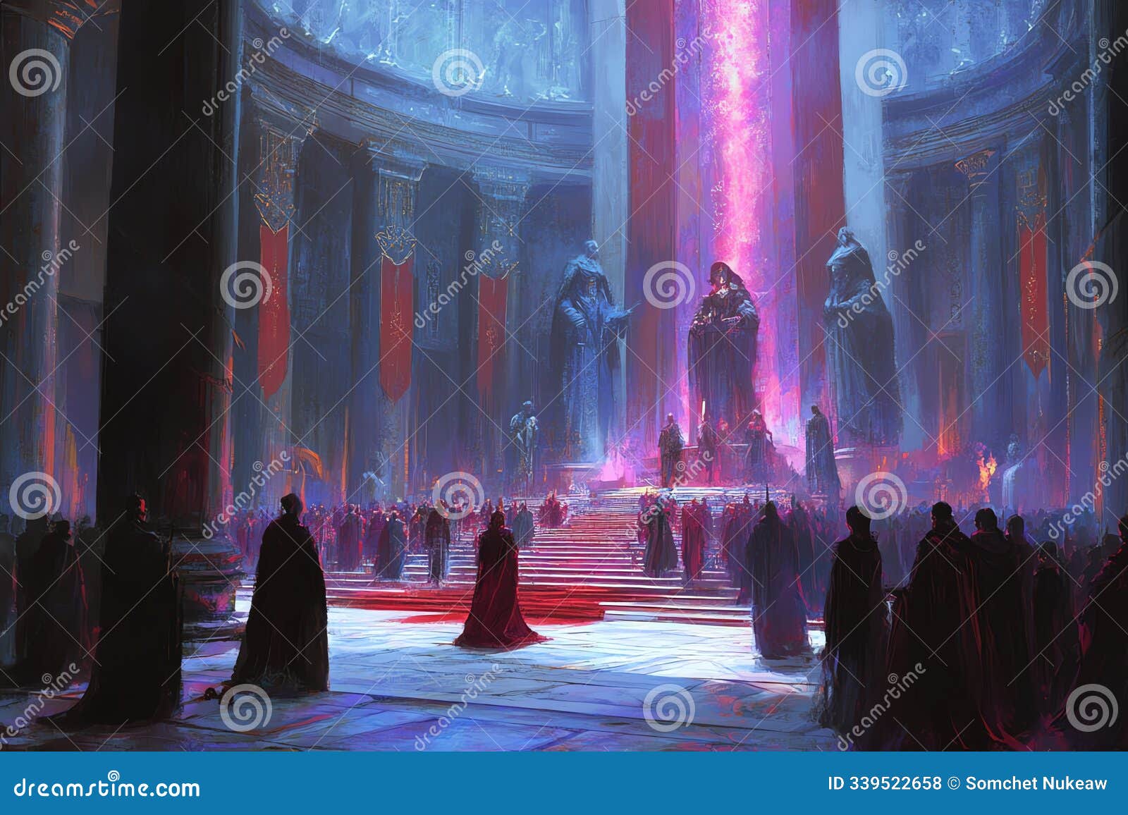A Crowd Gathers in a Grand Hall with Statues and a Glowing Pillar Stock ...