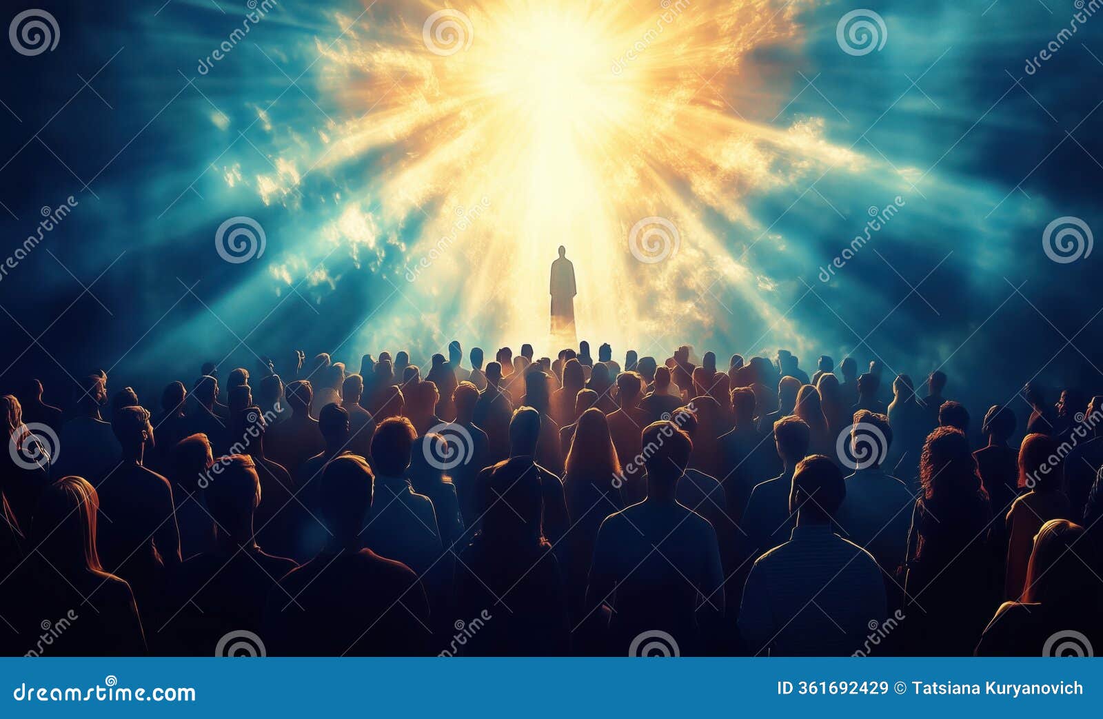 Crowd Gazing at Radiant Figure in Heavenly Light with Dramatic Sky ...