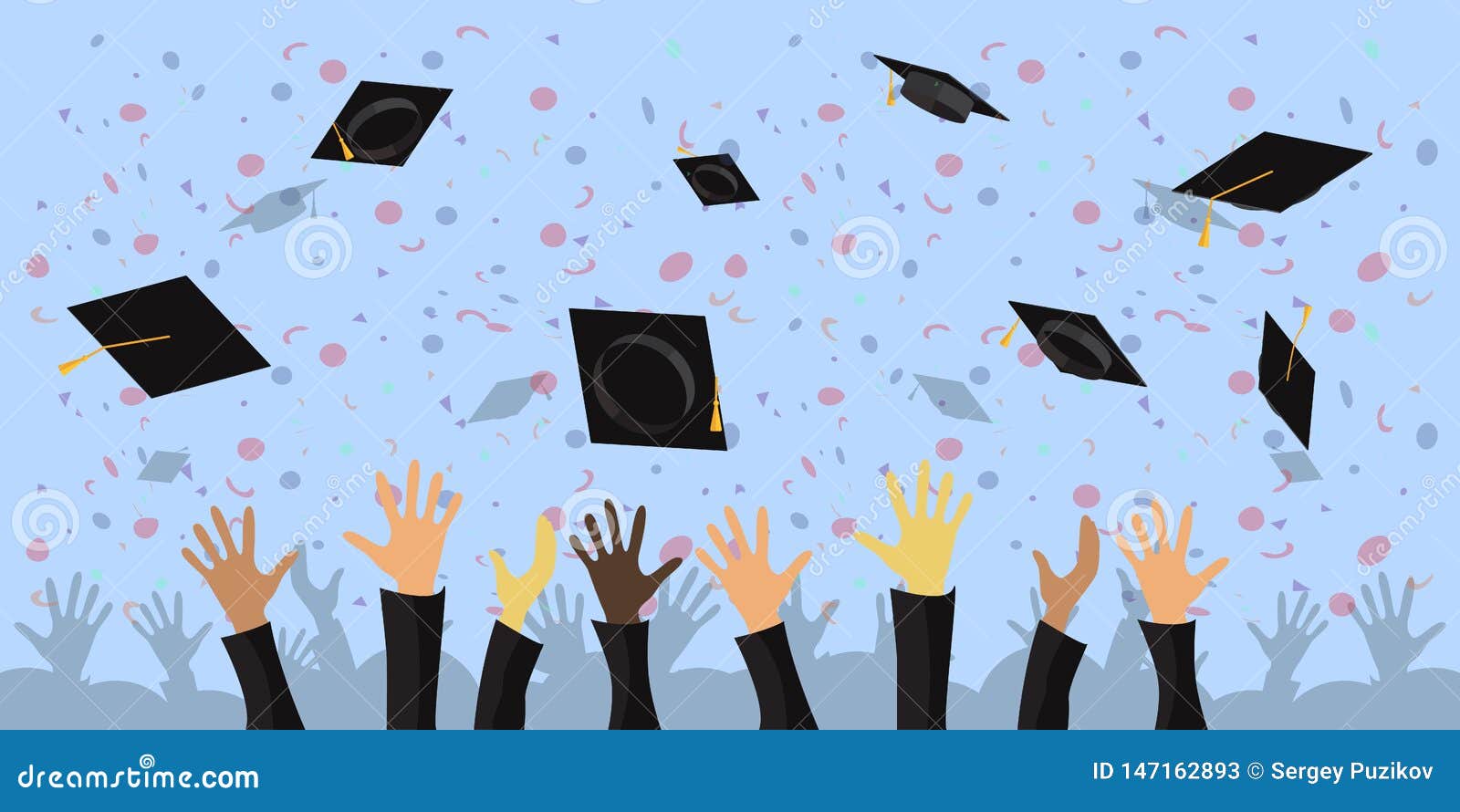 Crowd Of Graduates Throws Up Academic Caps. Silhouettes Of Graduate ...