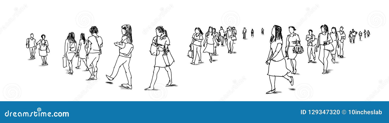 Crowd Group of People Walking Freehand Ink Sketch Panorama View Stock ...