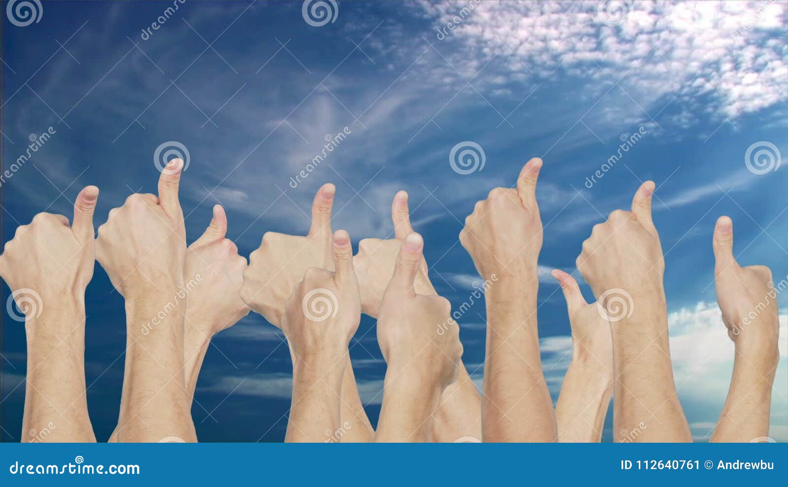 Crowd Group Simultaneously Raising Thumb Up on Blue Sky Background ...