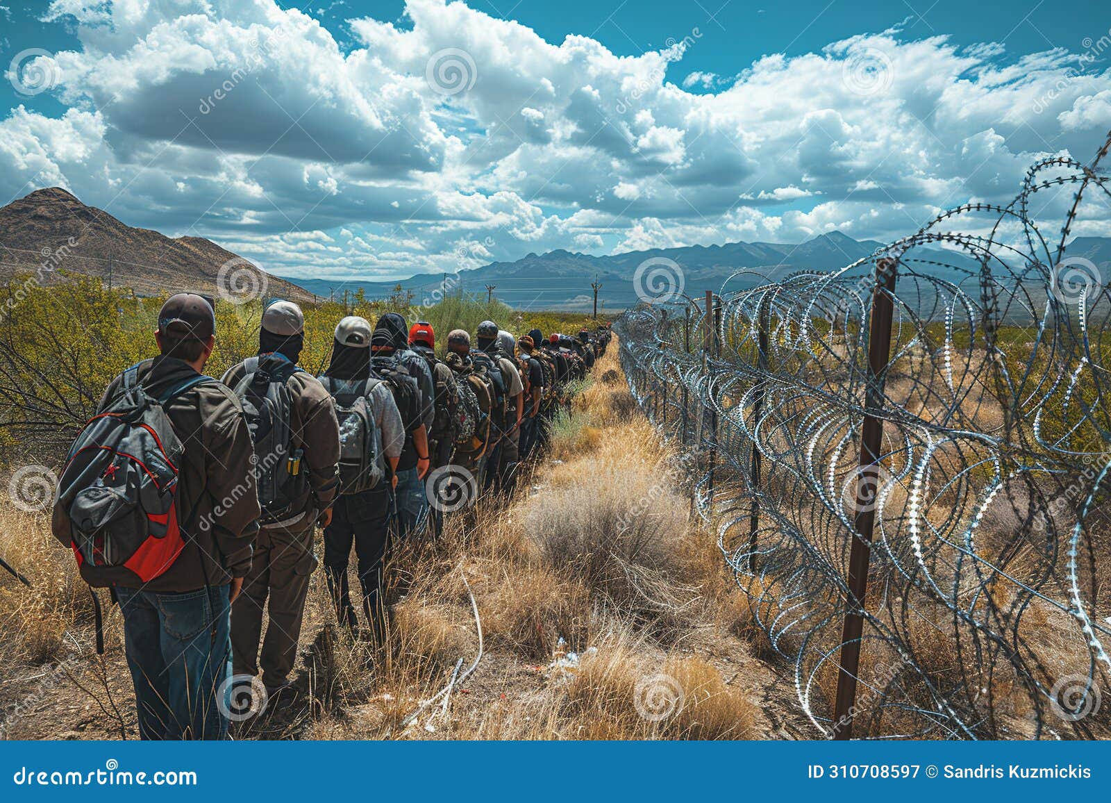 A Crowd of Illegal Immigrants Walk Along the Border with Barbed Wire ...