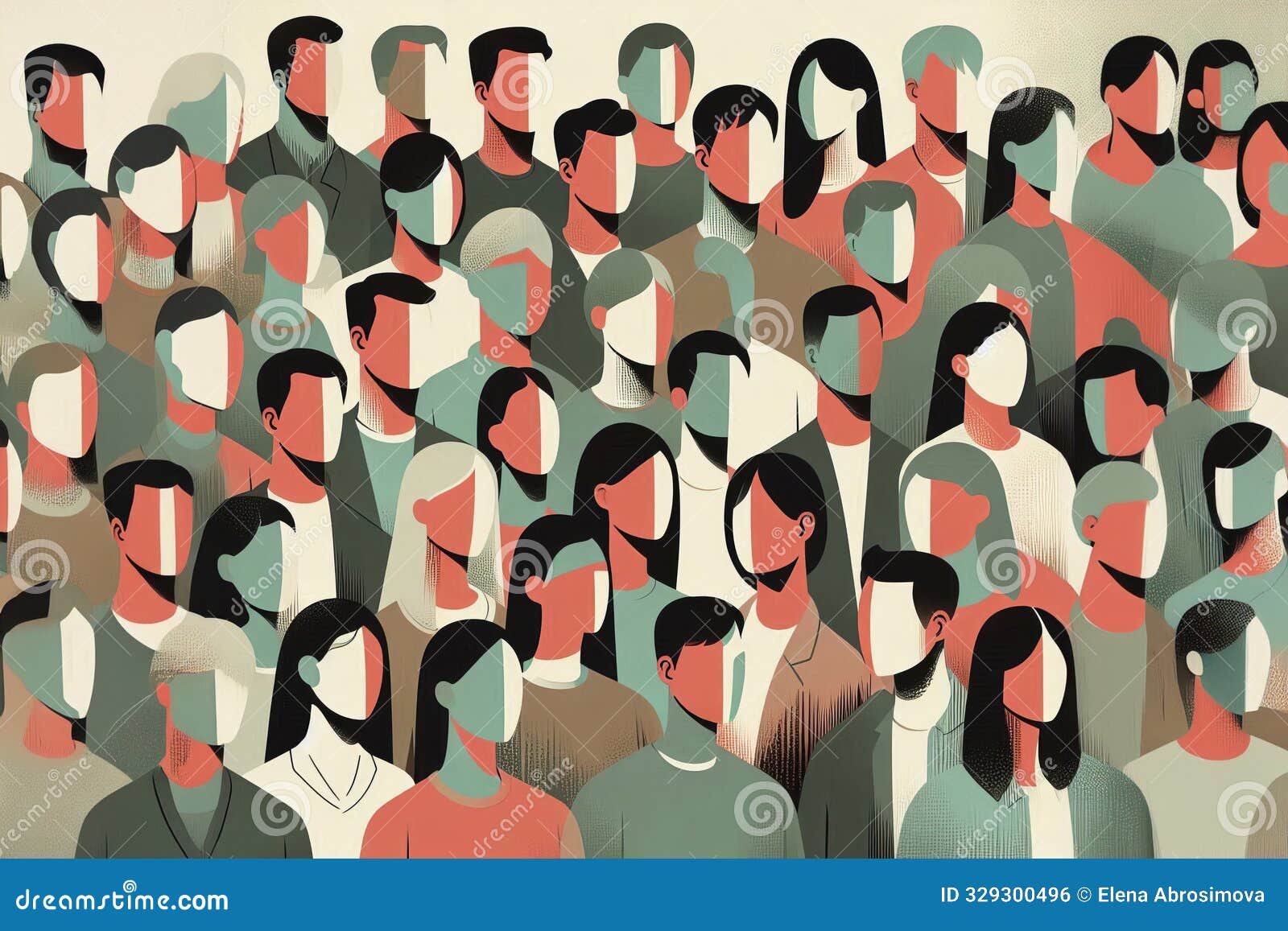 Crowd Illustration with Stylized Features, Muted Palette, Faceless ...