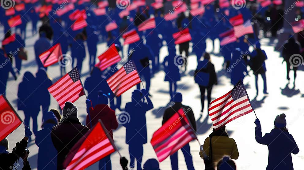 Crowd Marching with American Flags Stock Illustration - Illustration of ...