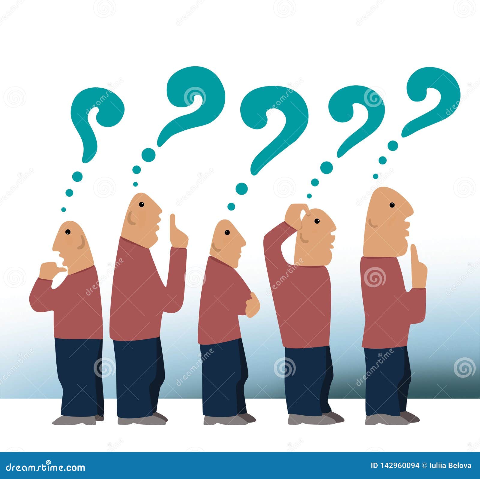 Crowd of Men Ponder. Crowd of Five Bald Men in Thinking with Question ...