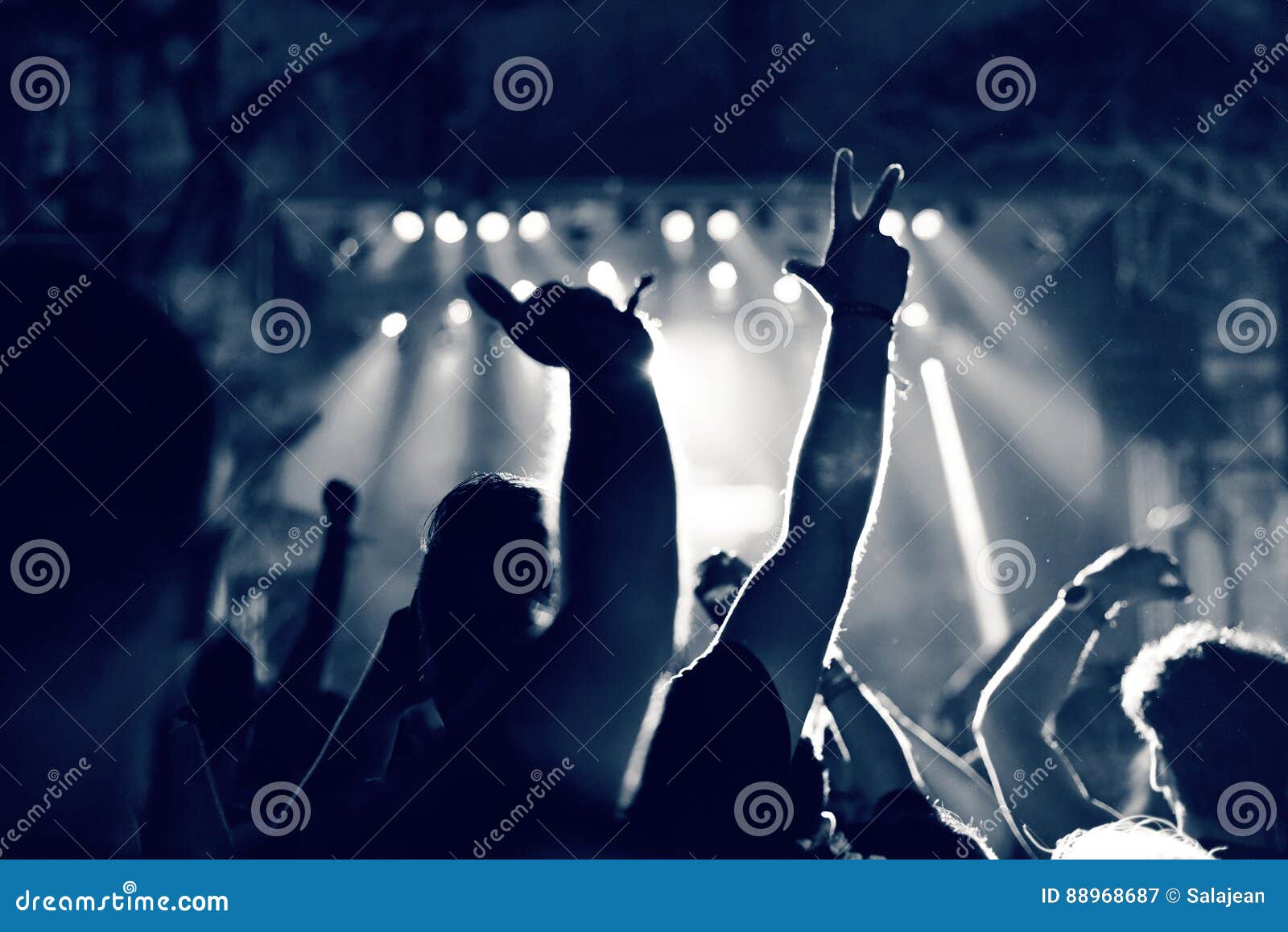 Crowd at a Music Concert, Audience Raising Hands Up, Toned Stock Image ...