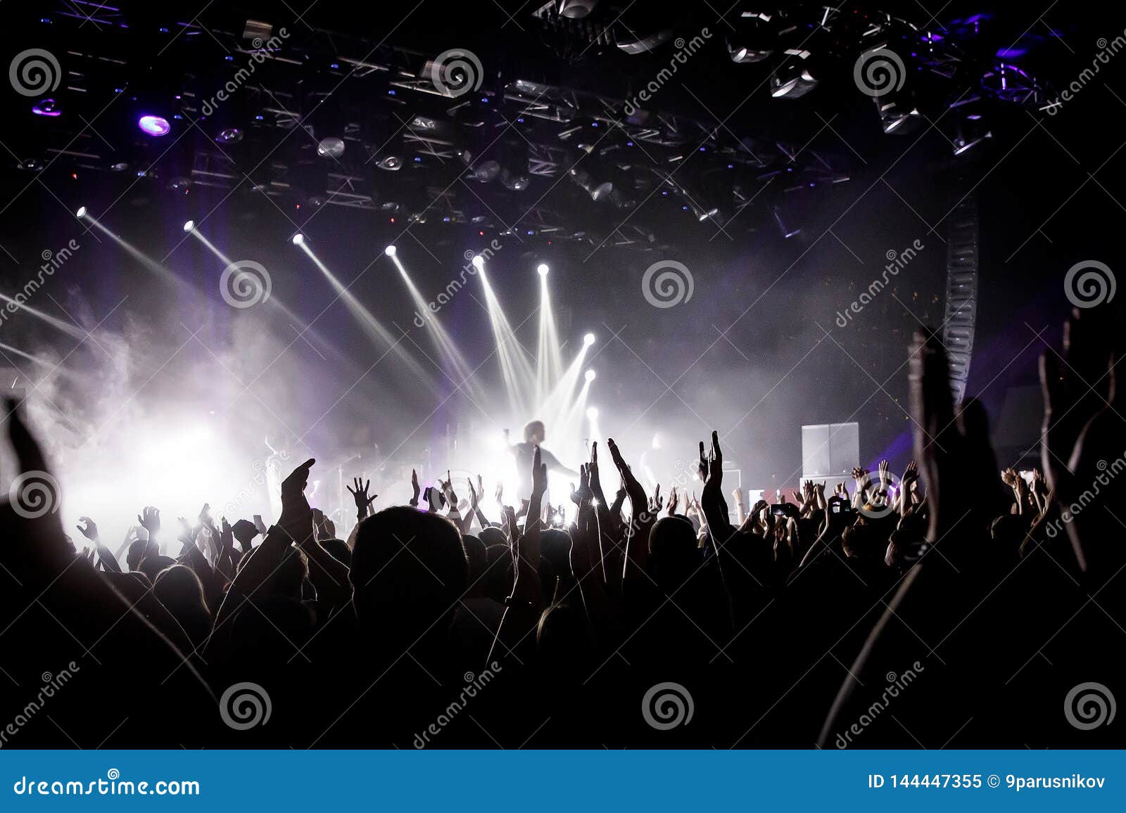 Crowd on Music Show, Happy People with Raised Hands. White Stage Light ...