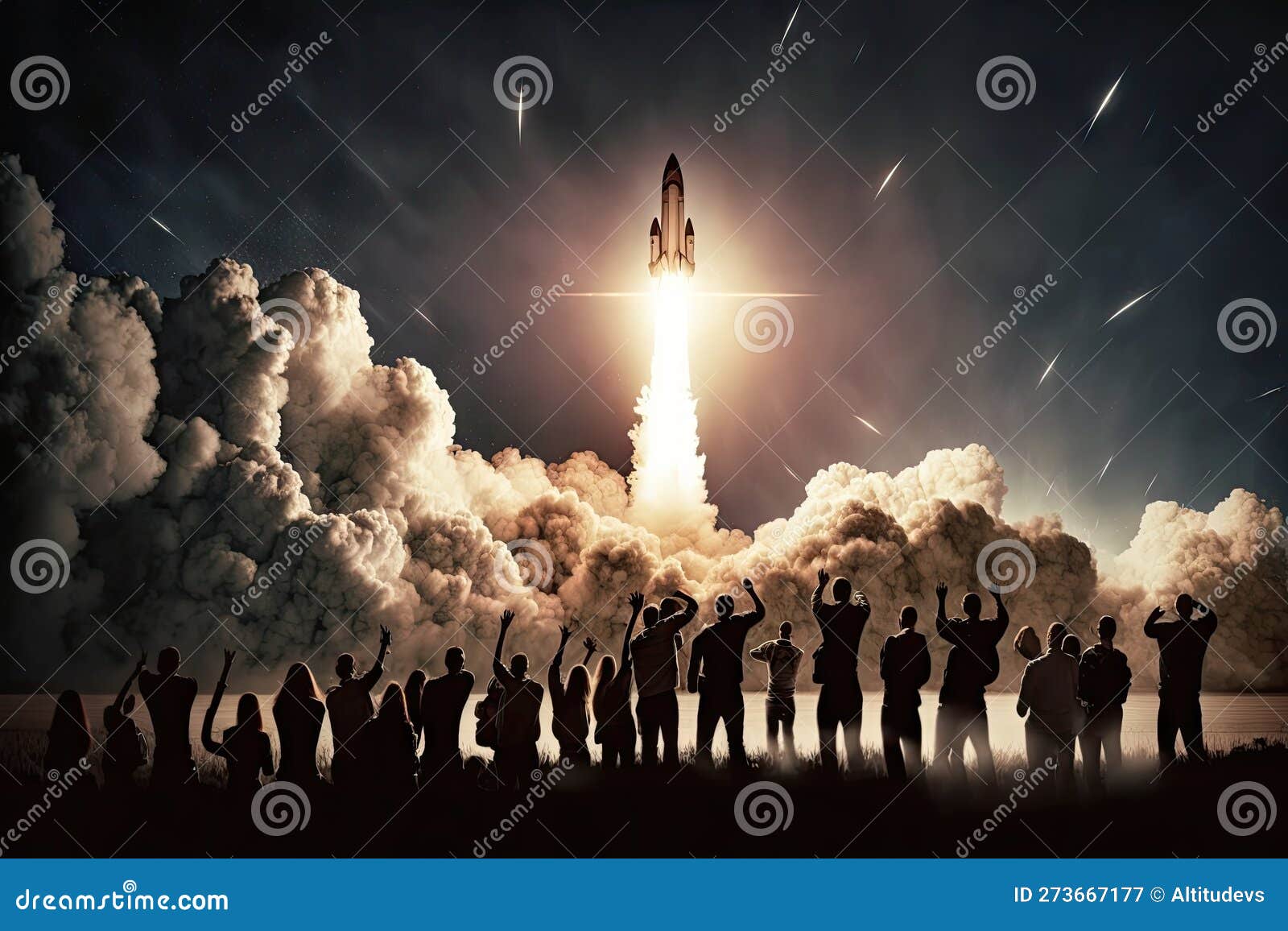 Crowd of Onlookers, Cheering and Waving As Rocket Launches into the Sky ...