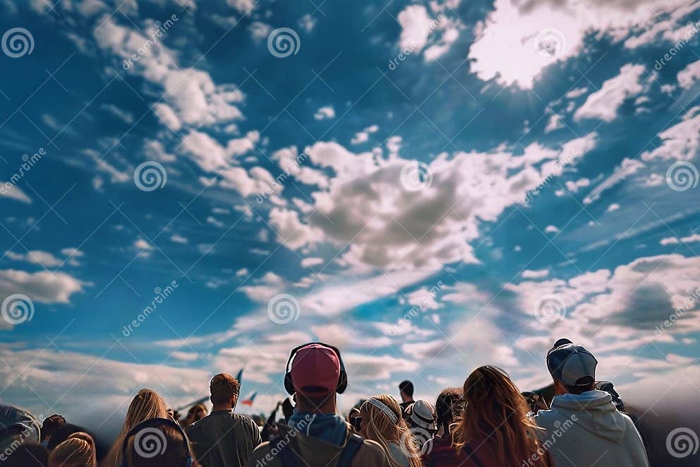Crowd of People on the Background of Blue Sky with Clouds. Stock ...