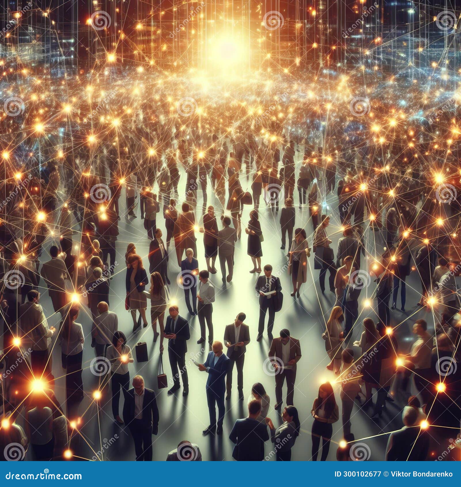 Crowd of People Connected by Glowing Lines of Light in Communication ...