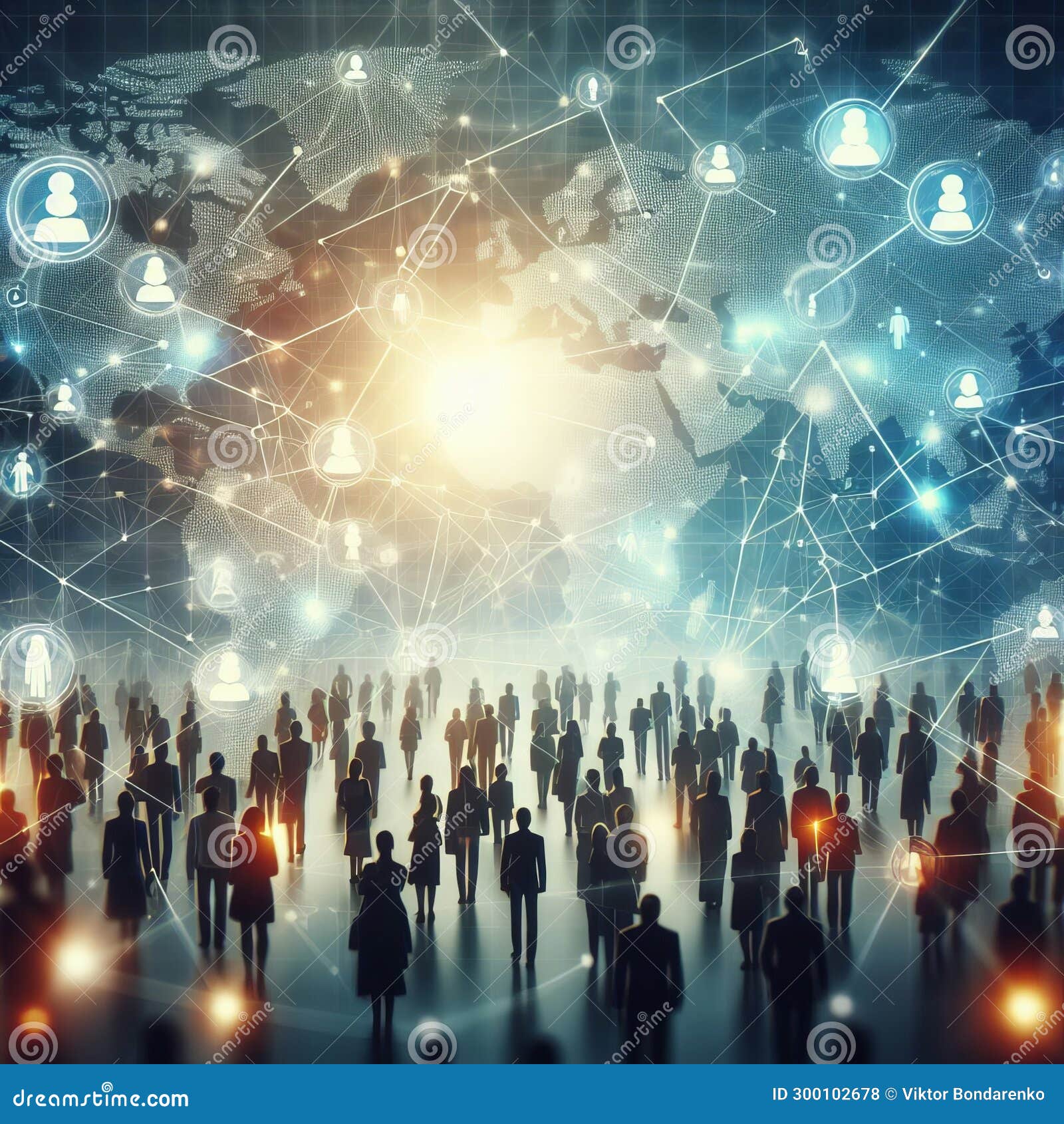 Crowd of People Connected by Glowing Lines of Light in Communication ...