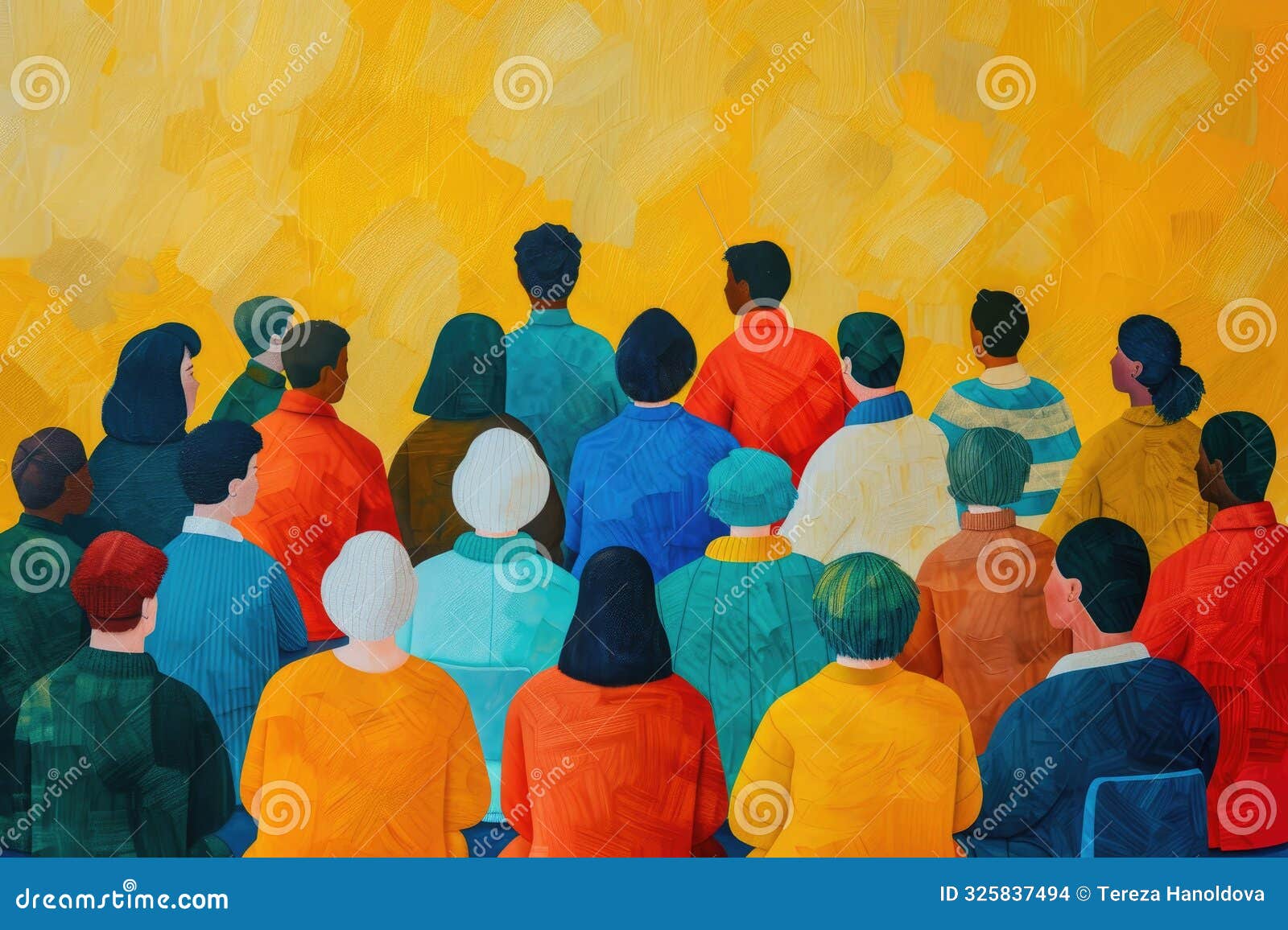 Crowd of People Facing a Yellow Abstract Textured Background Stock ...