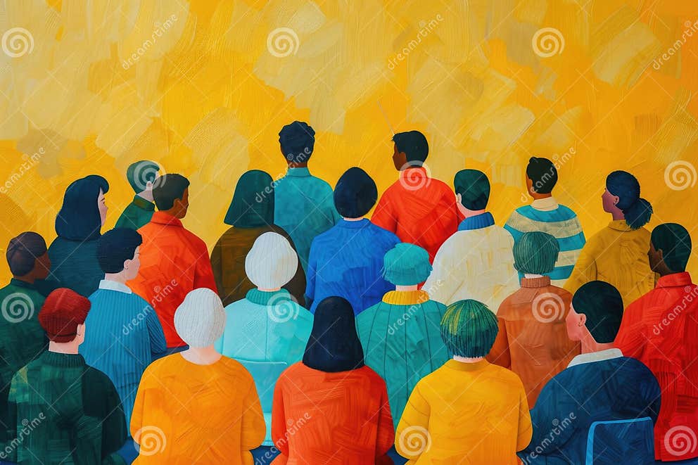 Crowd of People Facing a Yellow Abstract Textured Background Stock ...