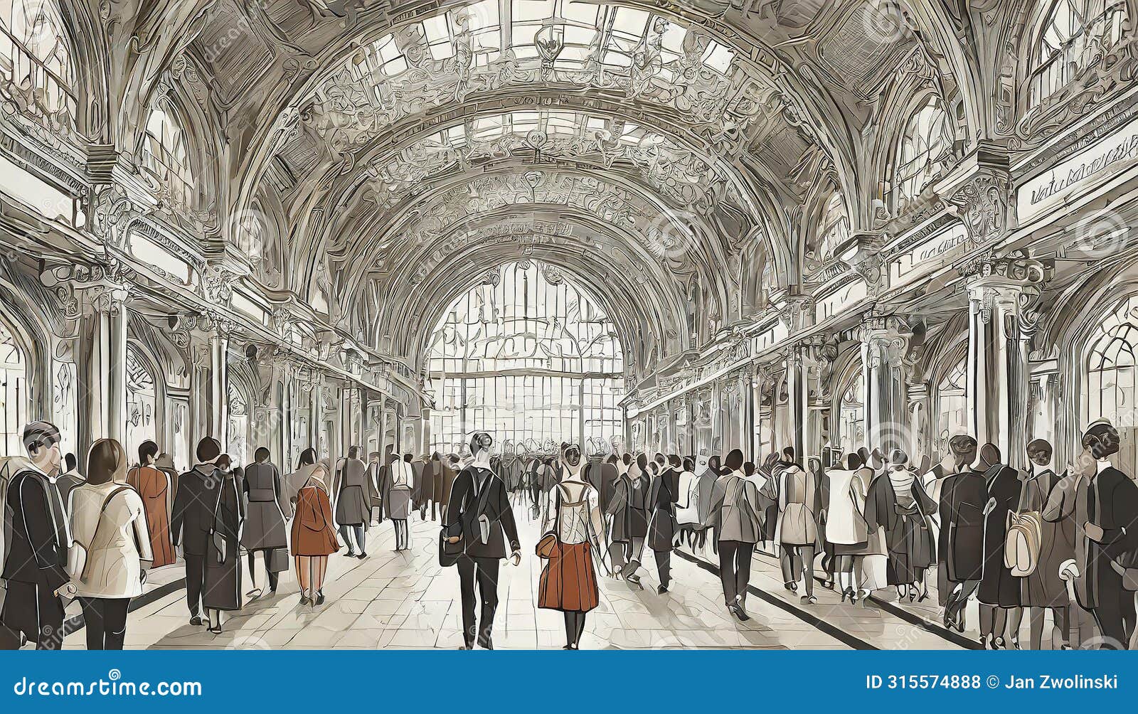 Crowd of People in Large Victorian Railway Station Interior Stock ...