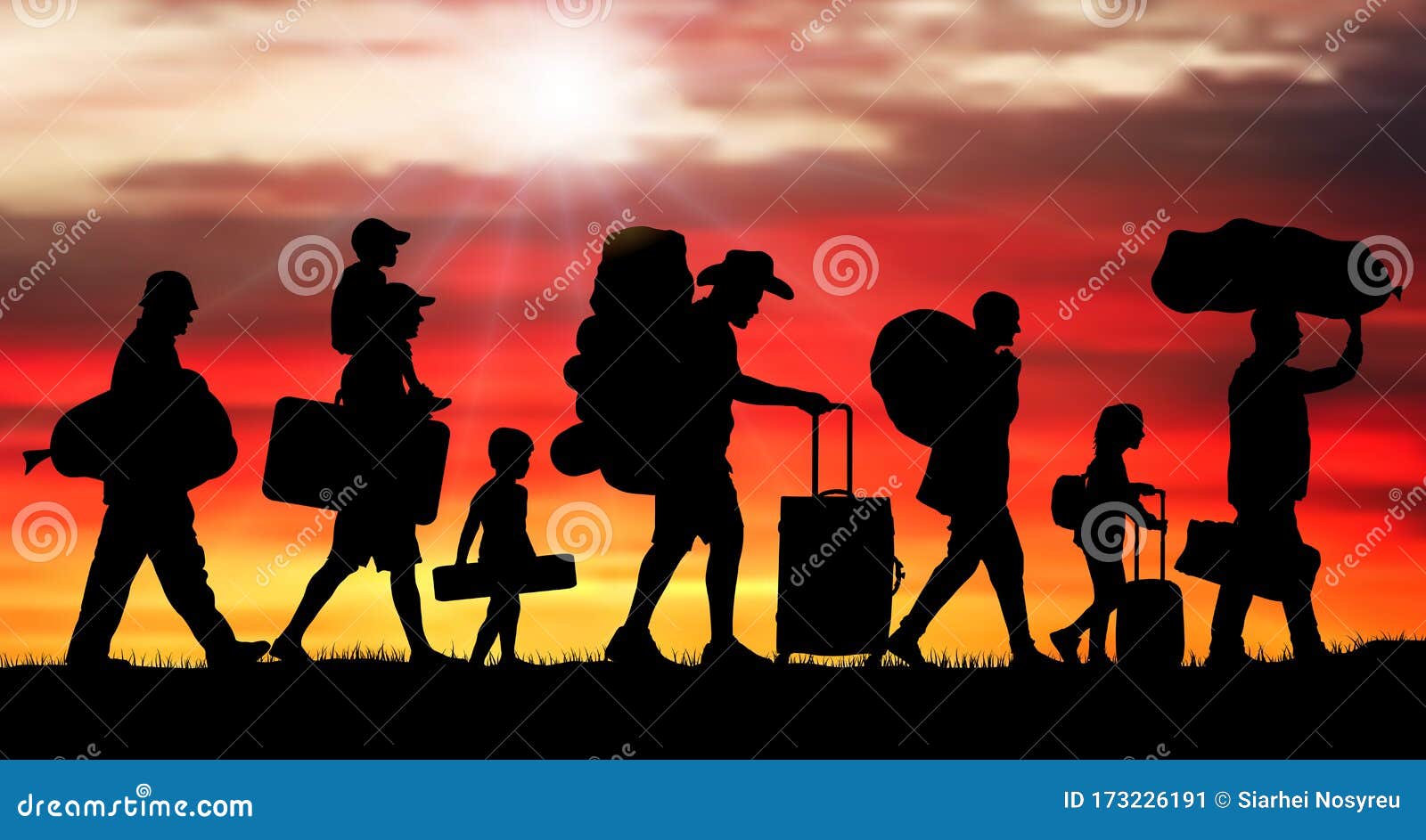 Crowd People Migration at Sunrise. Silhouette Vector Illustration ...