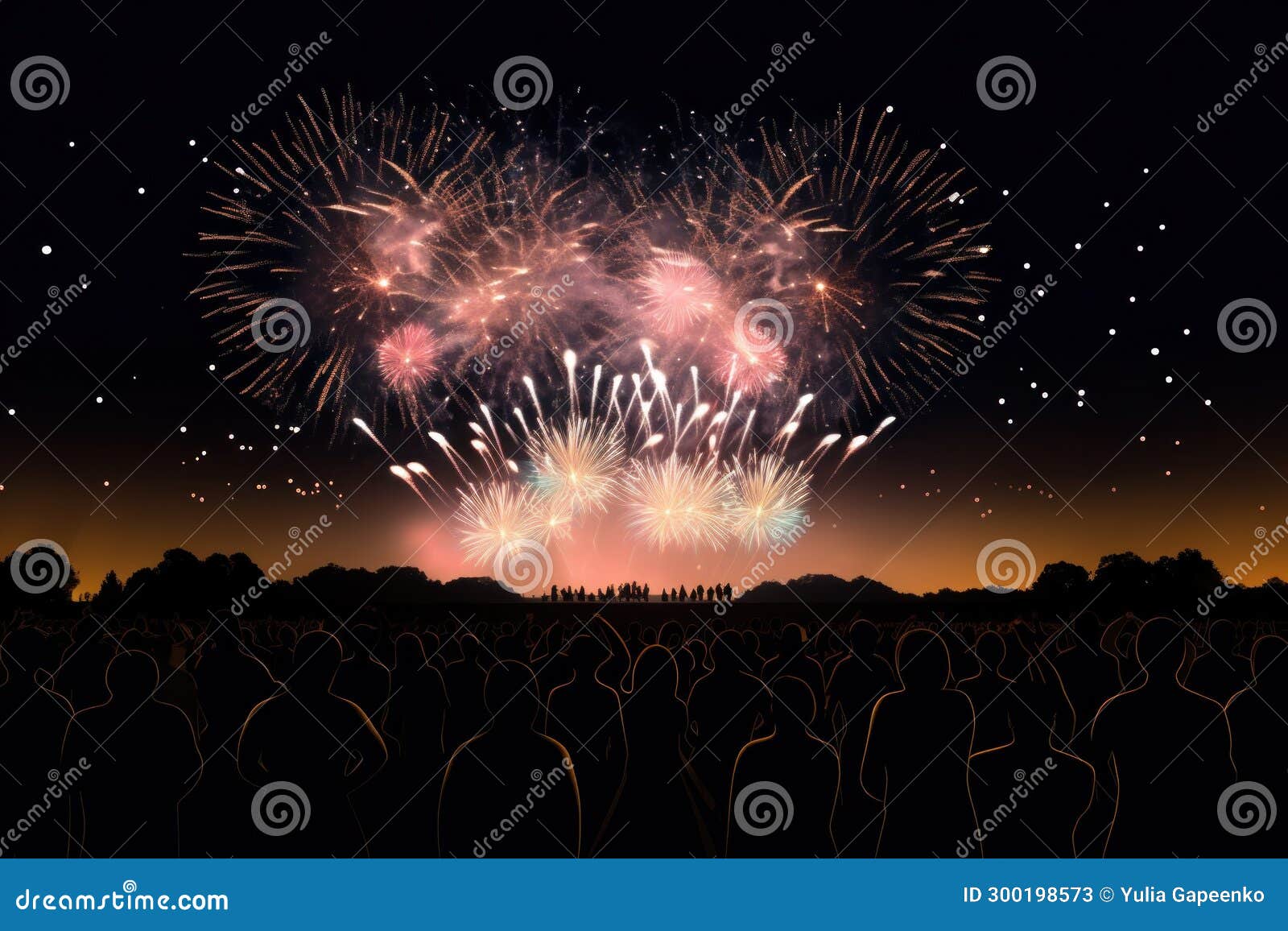 A Crowd of People at a Party are Enjoying a Night of Fireworks. Stock ...