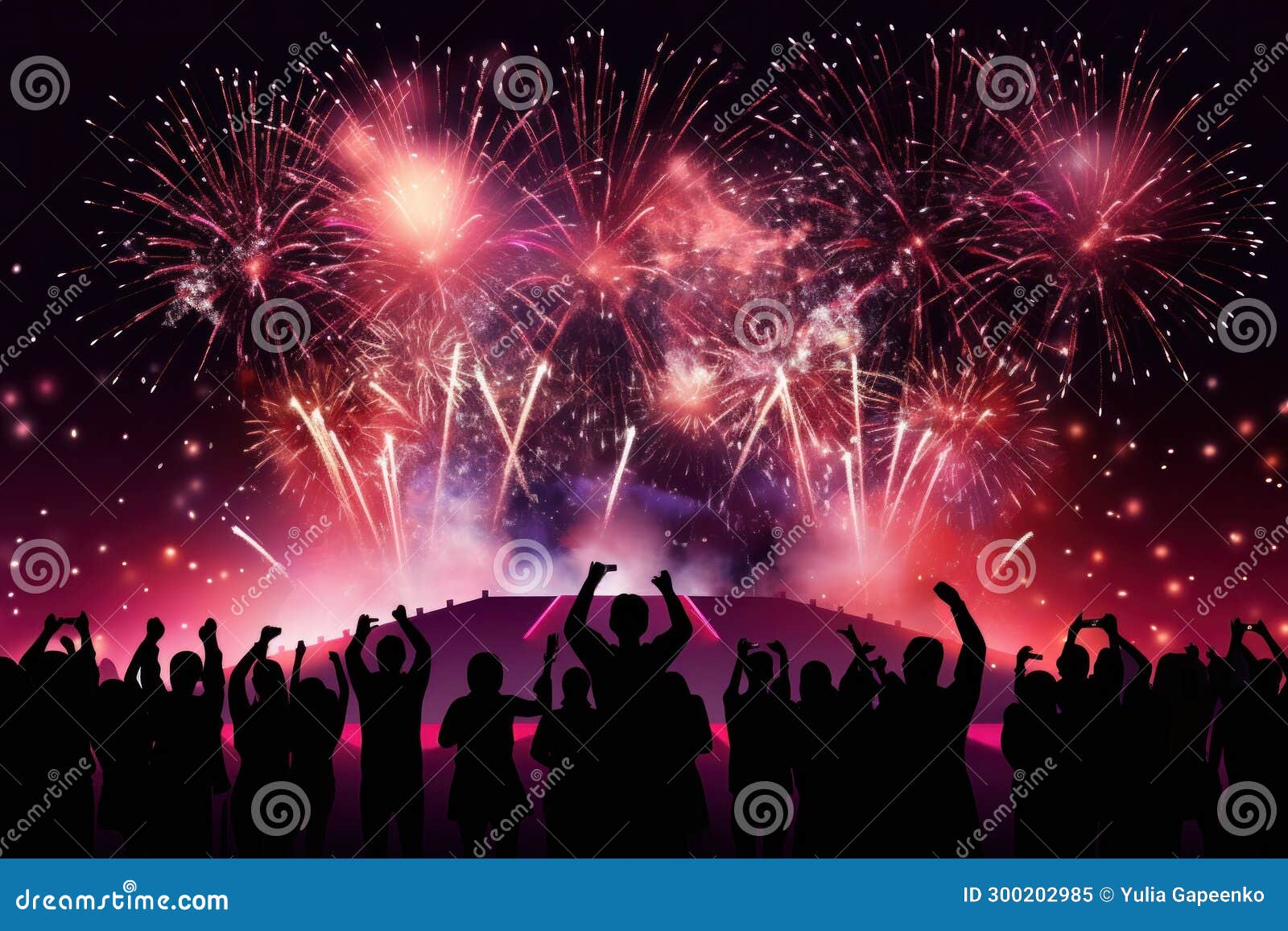 A Crowd of People at a Party are Enjoying a Night of Fireworks. Stock ...