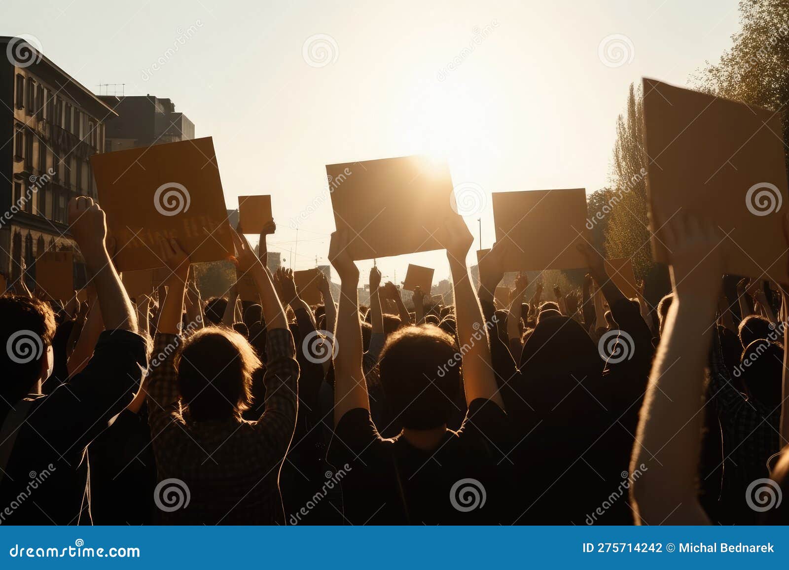 Crowd of People Protesting Together Walking in the City, View from ...