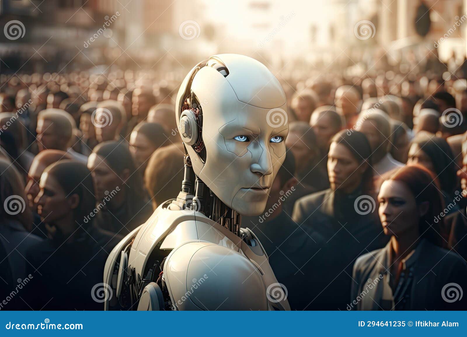Crowd of People and Robot in Rome, Humanoid Robot in a Crowd. 3d ...