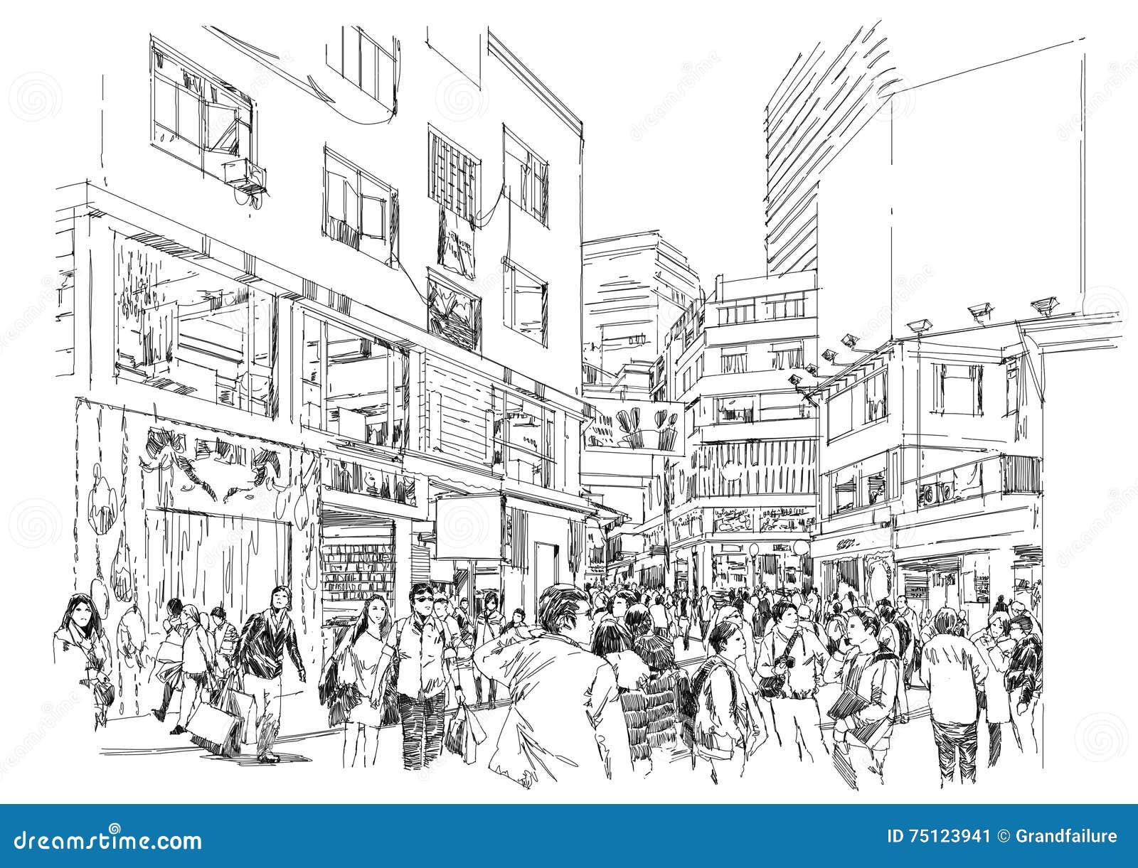 Busy Street Scene Sketch Coloring Page